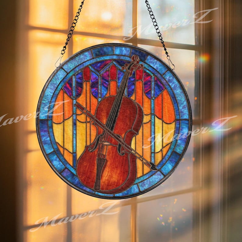 Cello Stained Acrylic Suncatcher, Round Musical Window Panel with Bow ...