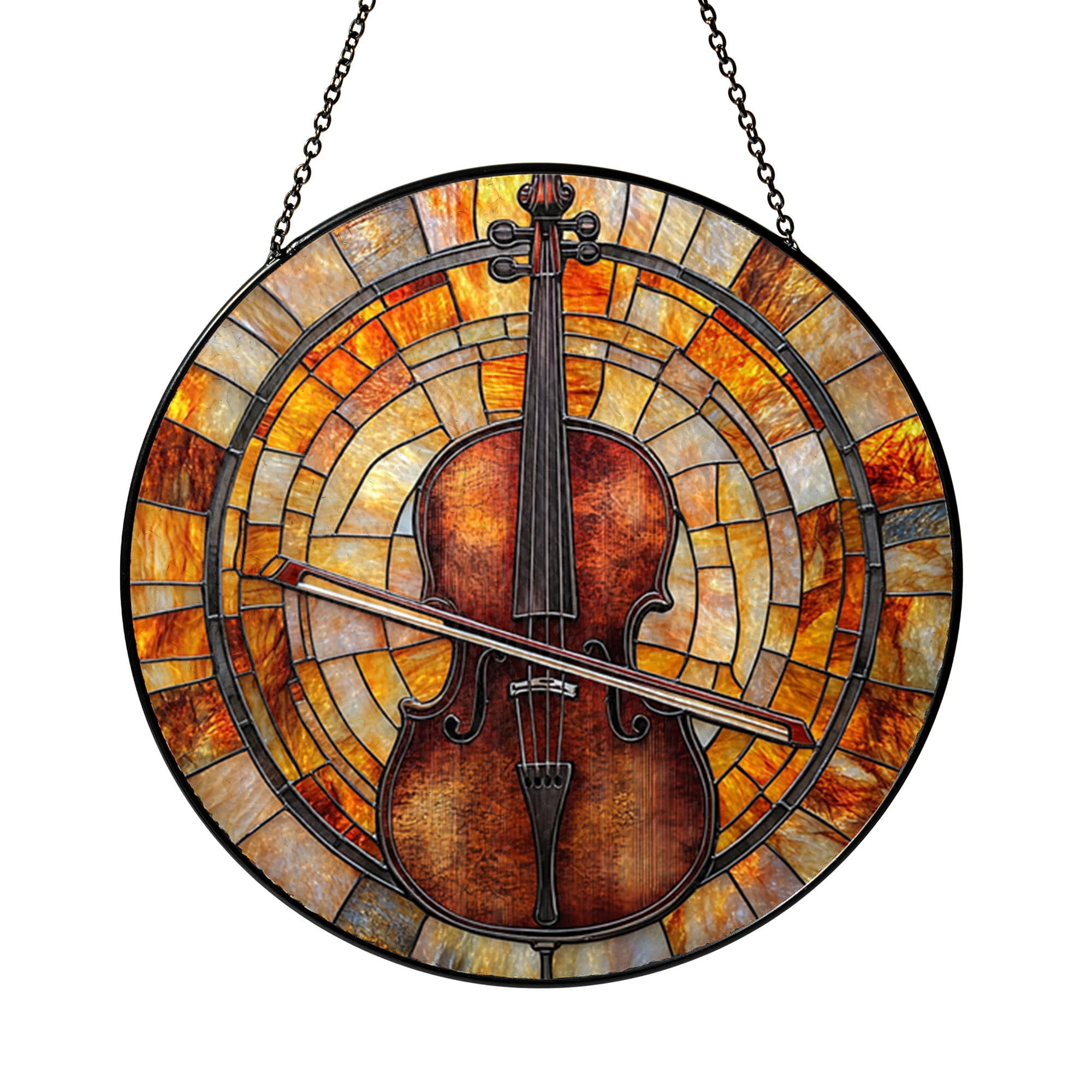Cello Stained Glass Suncatcher – Round Musical Window Panel with Bow ...