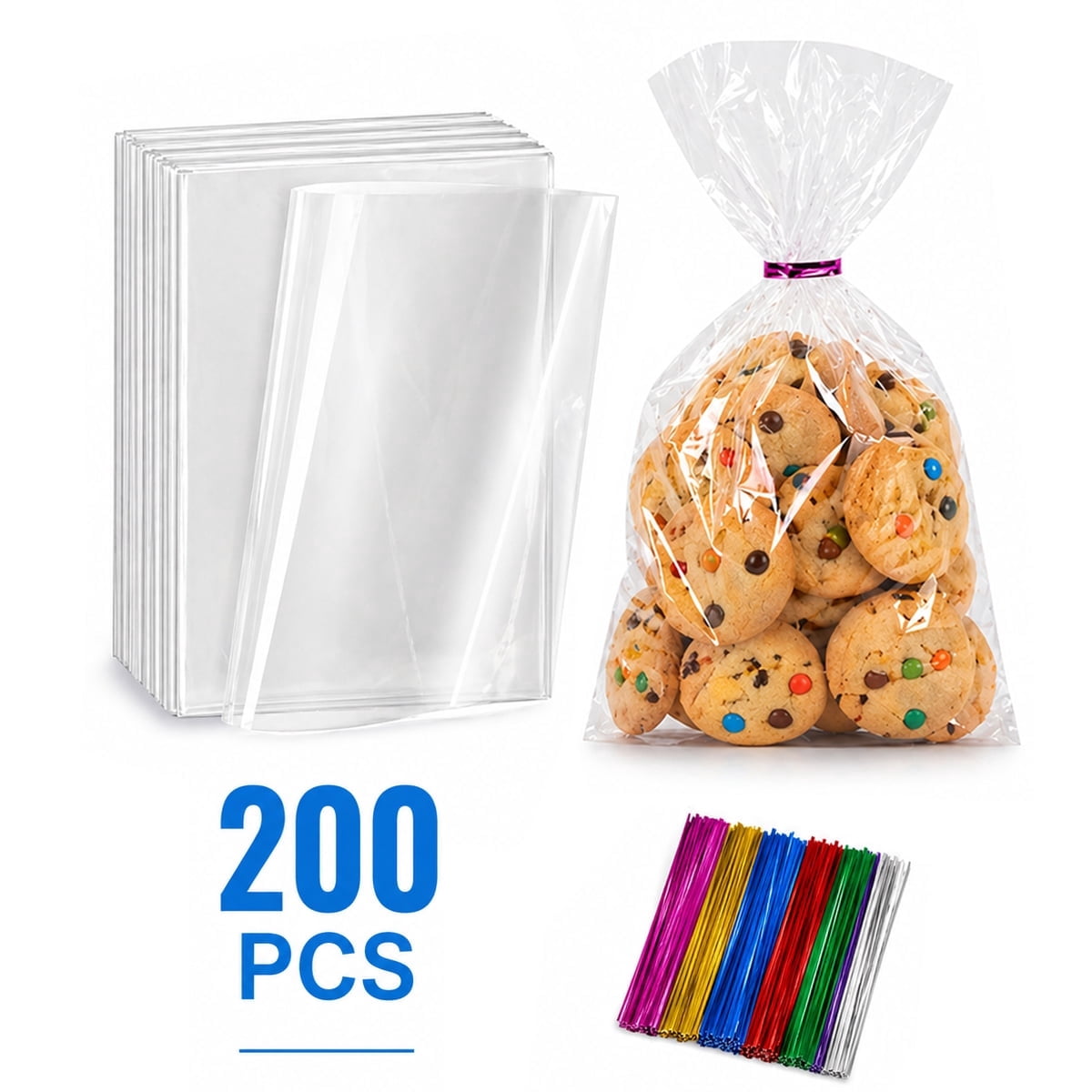 200pcs Clear Cellophane Bags 5.9'' x 9.1'' with Twist Ties for Cookies ...