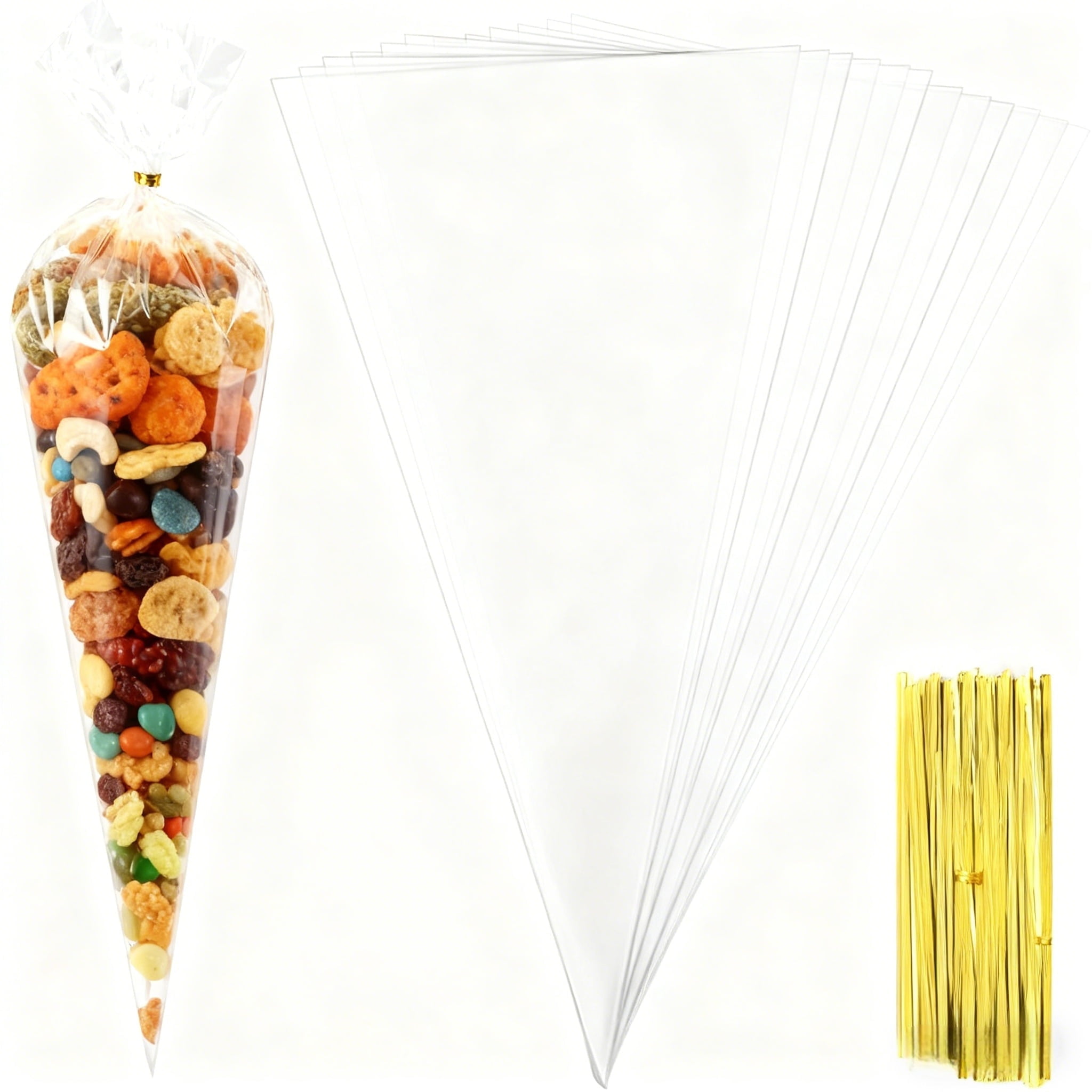 Cellophane Cone Treat Bags - 100 Pack Clear Candy Bags with Ties ...