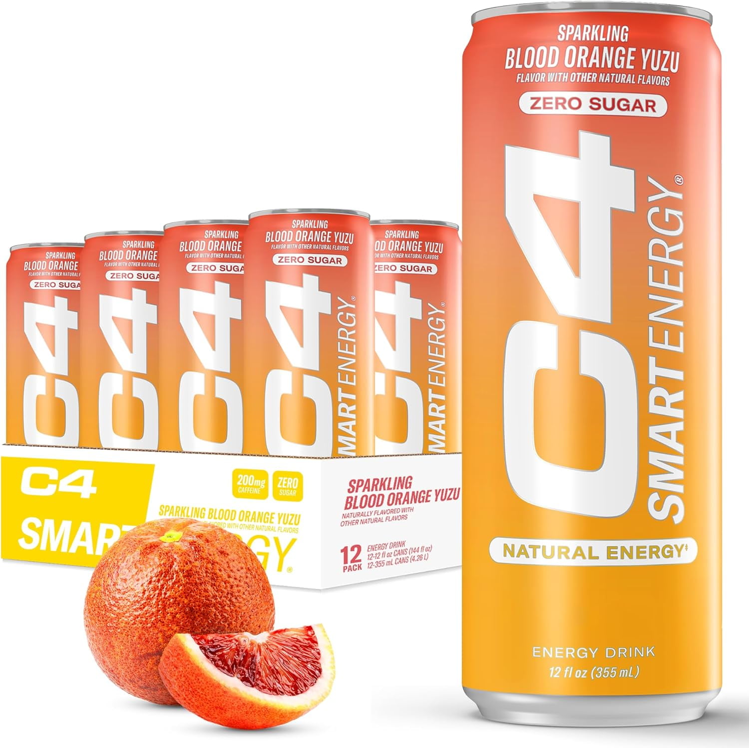 C4 Smart Sugar-Free Energy Drink: Nootropic Brain Booster - Blood Orange Yuzu, 12 oz (12-Pack ...