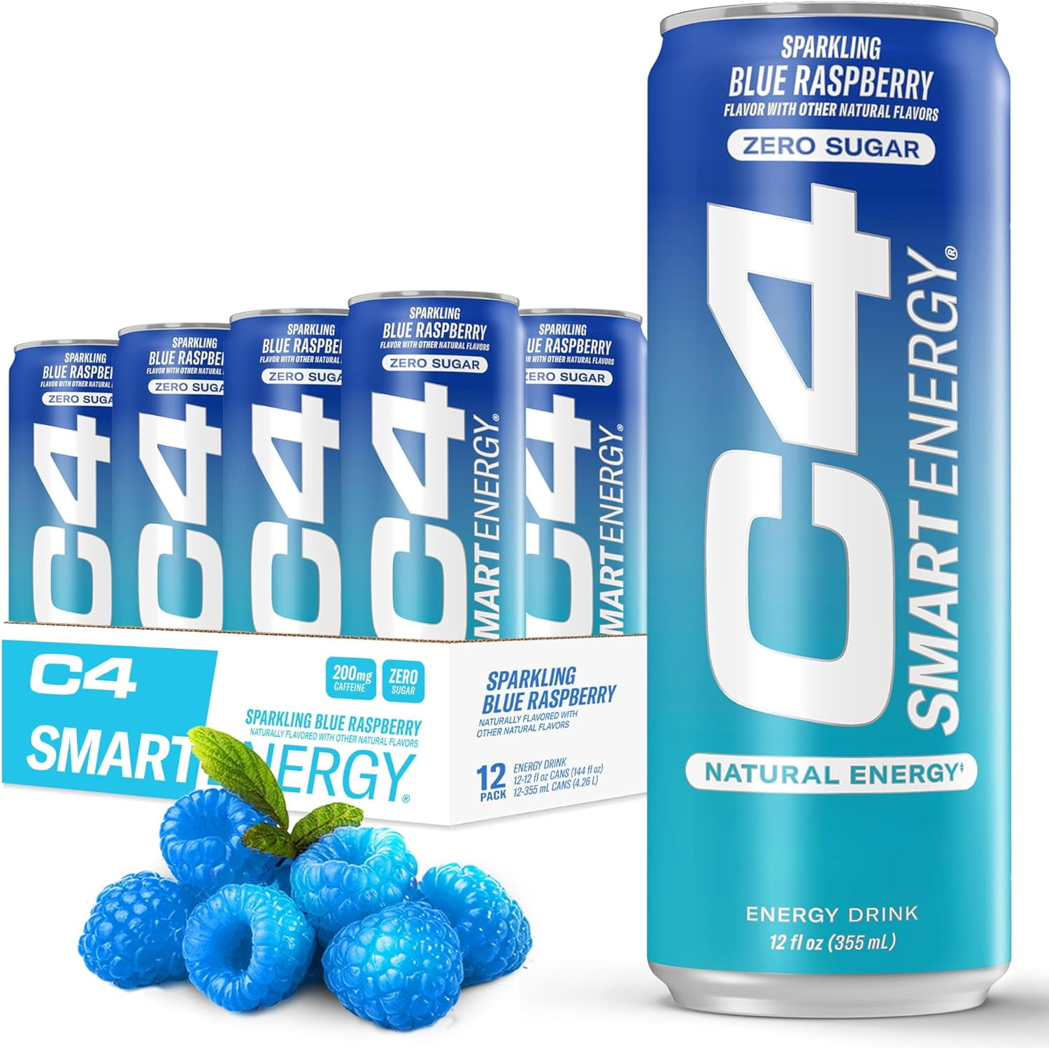C4 Smart Energy Drink, Blue Raspberry Flavor, Zero Sugar, Carbonated ...