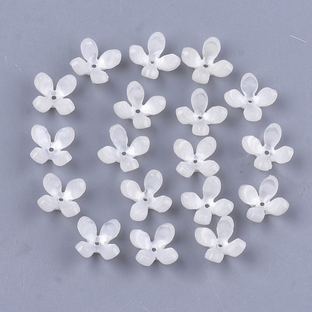 Cellulose Acetate(Resin) Bead Caps 4-Petal Flower White 13x13x3mm Hole ...