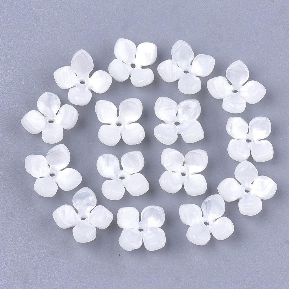 Cellulose Acetate(Resin) Bead Caps 4-Petal Flower White 14x14x6mm Hole ...