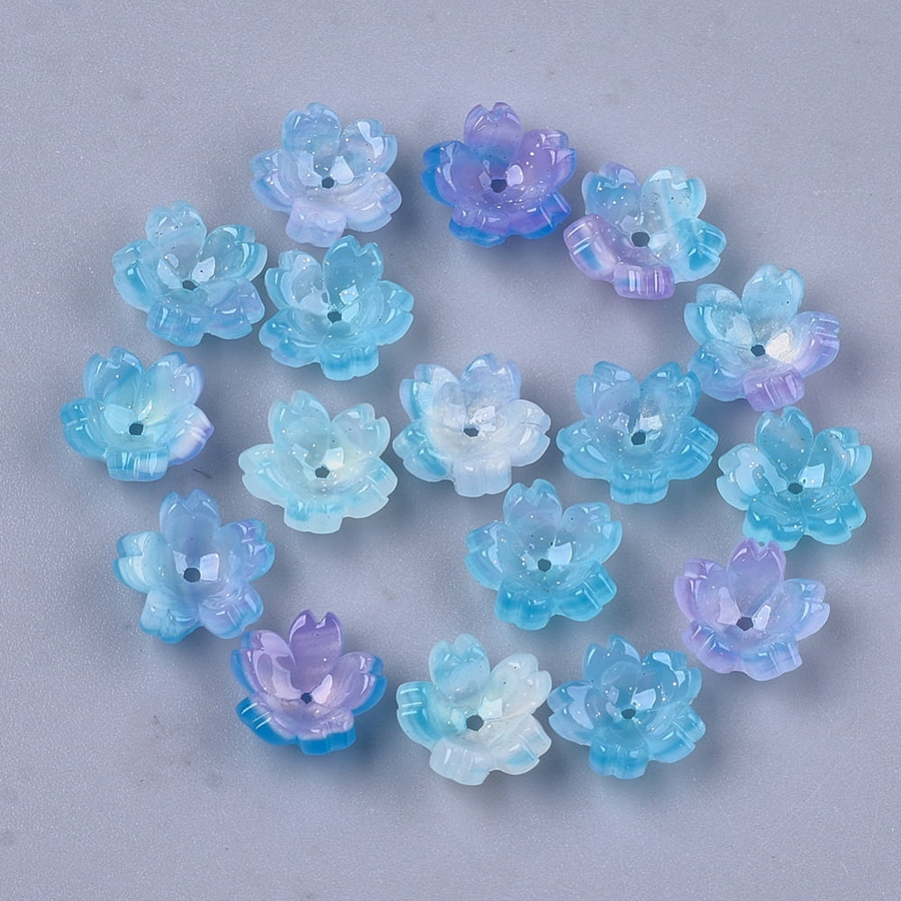 Cellulose Acetate(Resin) Bead Caps 5-Petal Sakura Light Sky Blue 10 ...