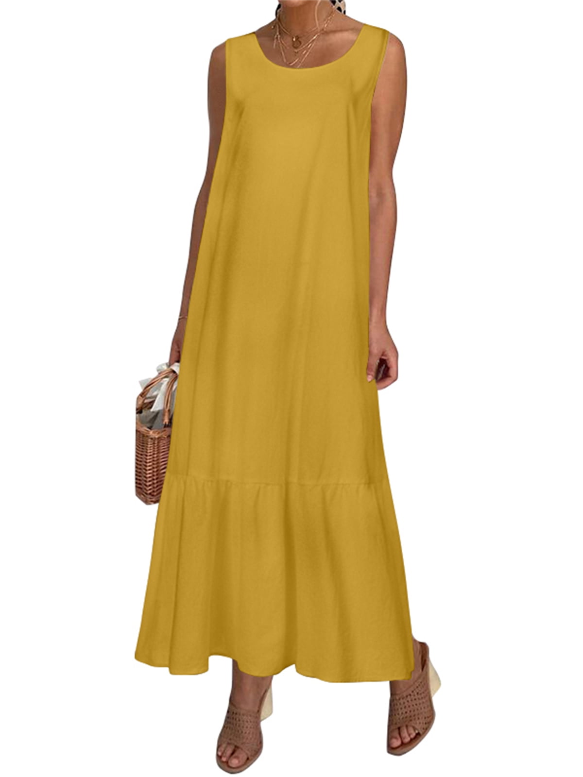 Celmia Women Casual Sleeveless Round Neck Ruffled Hem A Line Dress ...