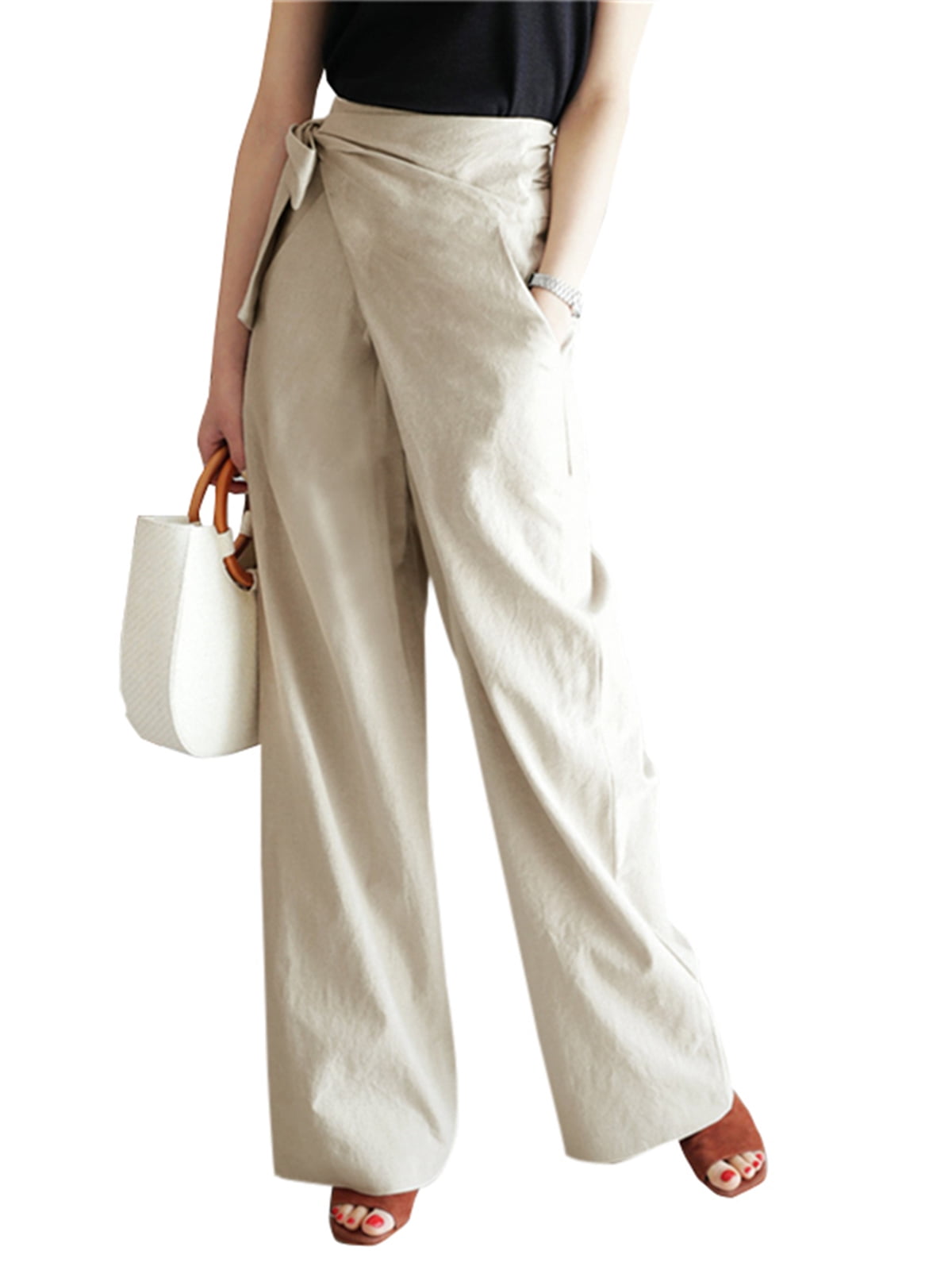 Celmia Women Casual Wild Asymmetric Waist Wide Leg Pleated Pants ...