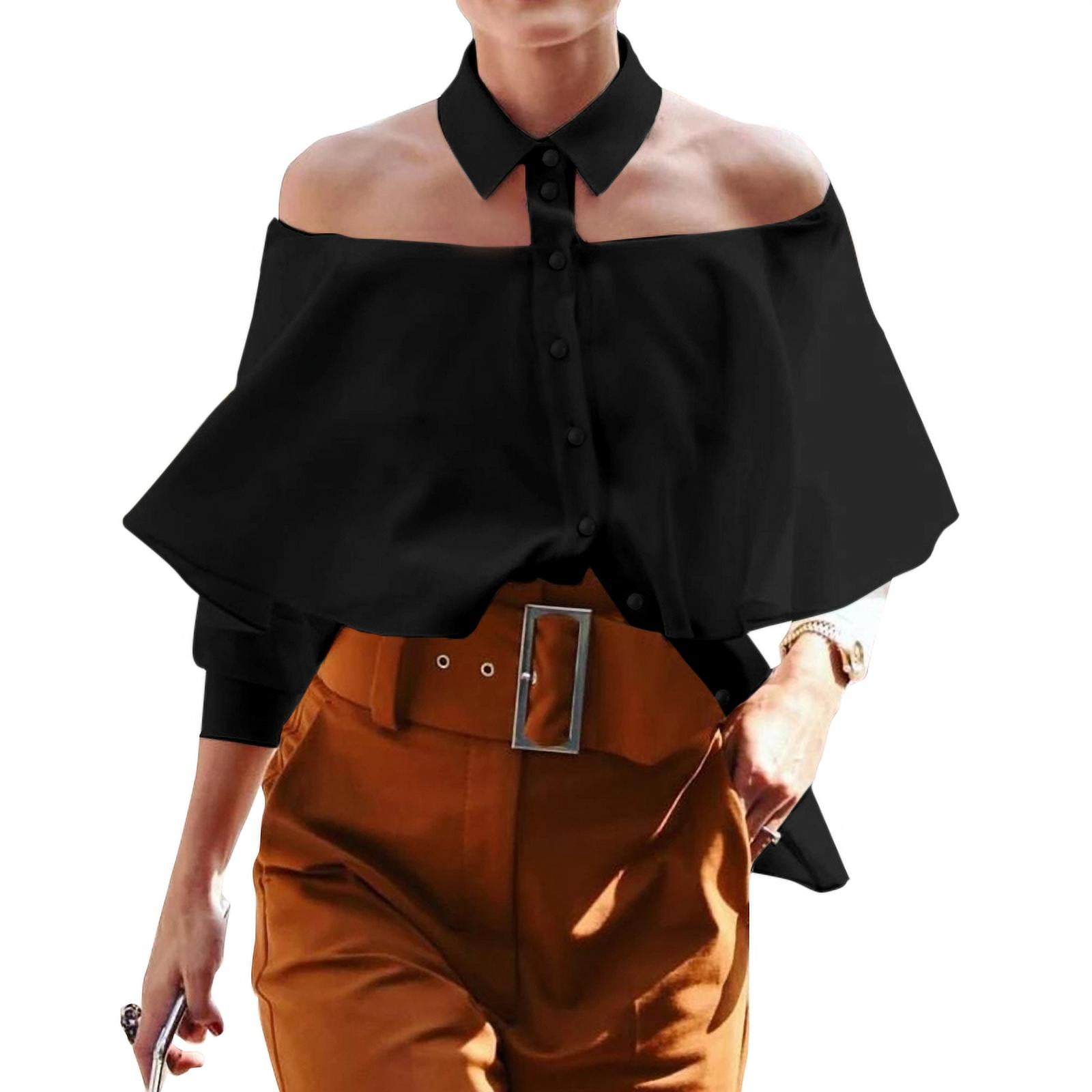 Celmia Women Off Shoulder Shirts Vintage Ruffles Statement Lapel Tops ...