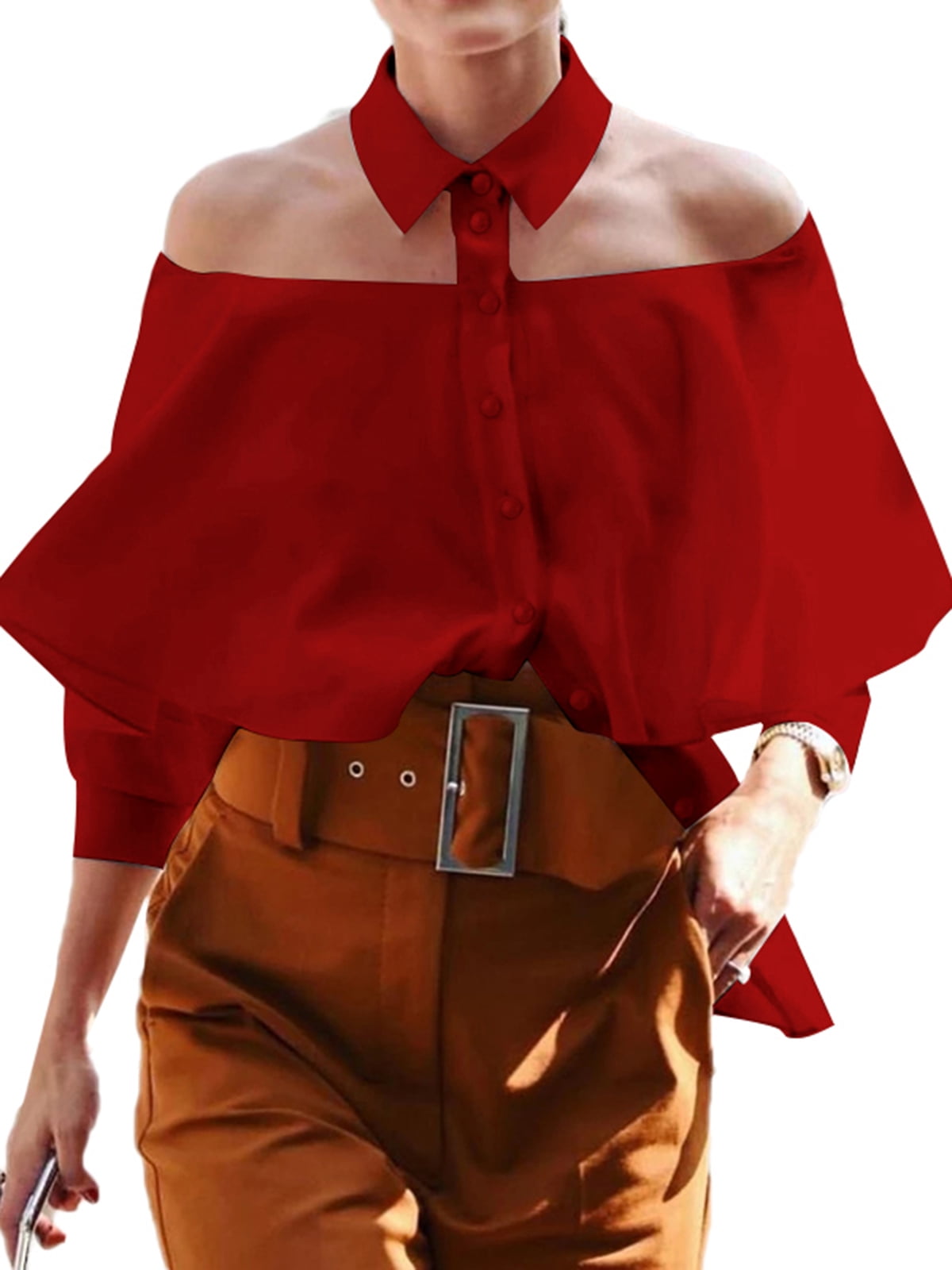 Celmia Women Off Shoulder Shirts Vintage Ruffles Statement Lapel Tops ...