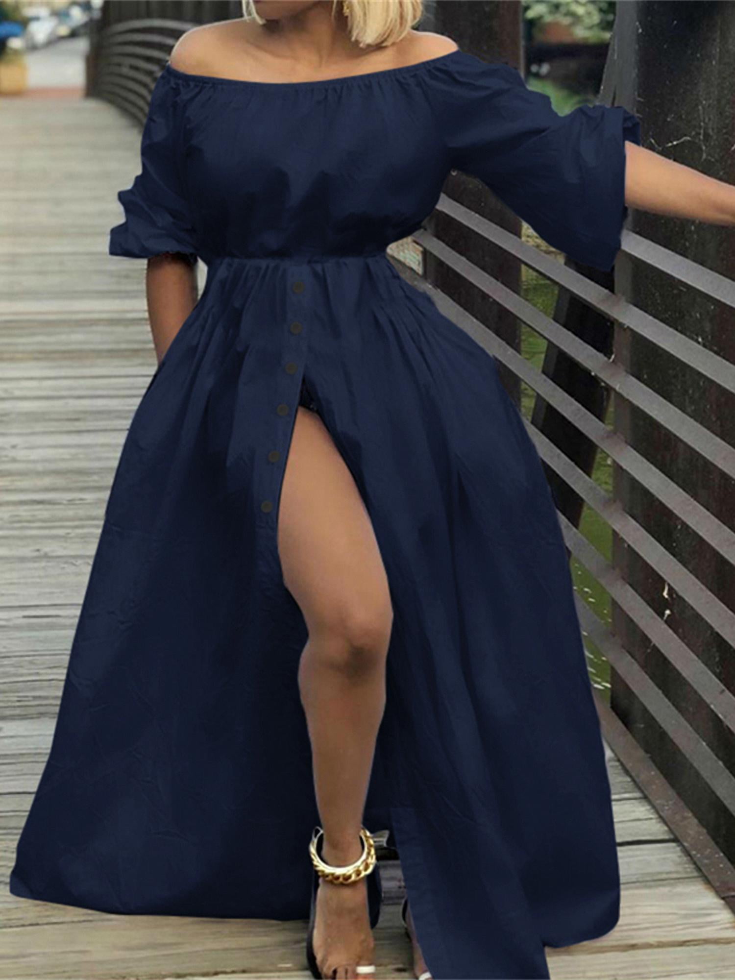 Celmia Women Vocation Off Shoulder Lantern Sleeves Buttons Open Split ...