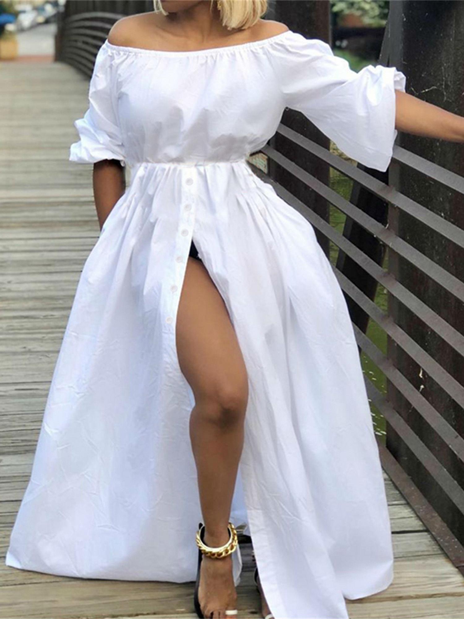 Celmia Women Vocation Off Shoulder Lantern Sleeves Buttons Open Split ...