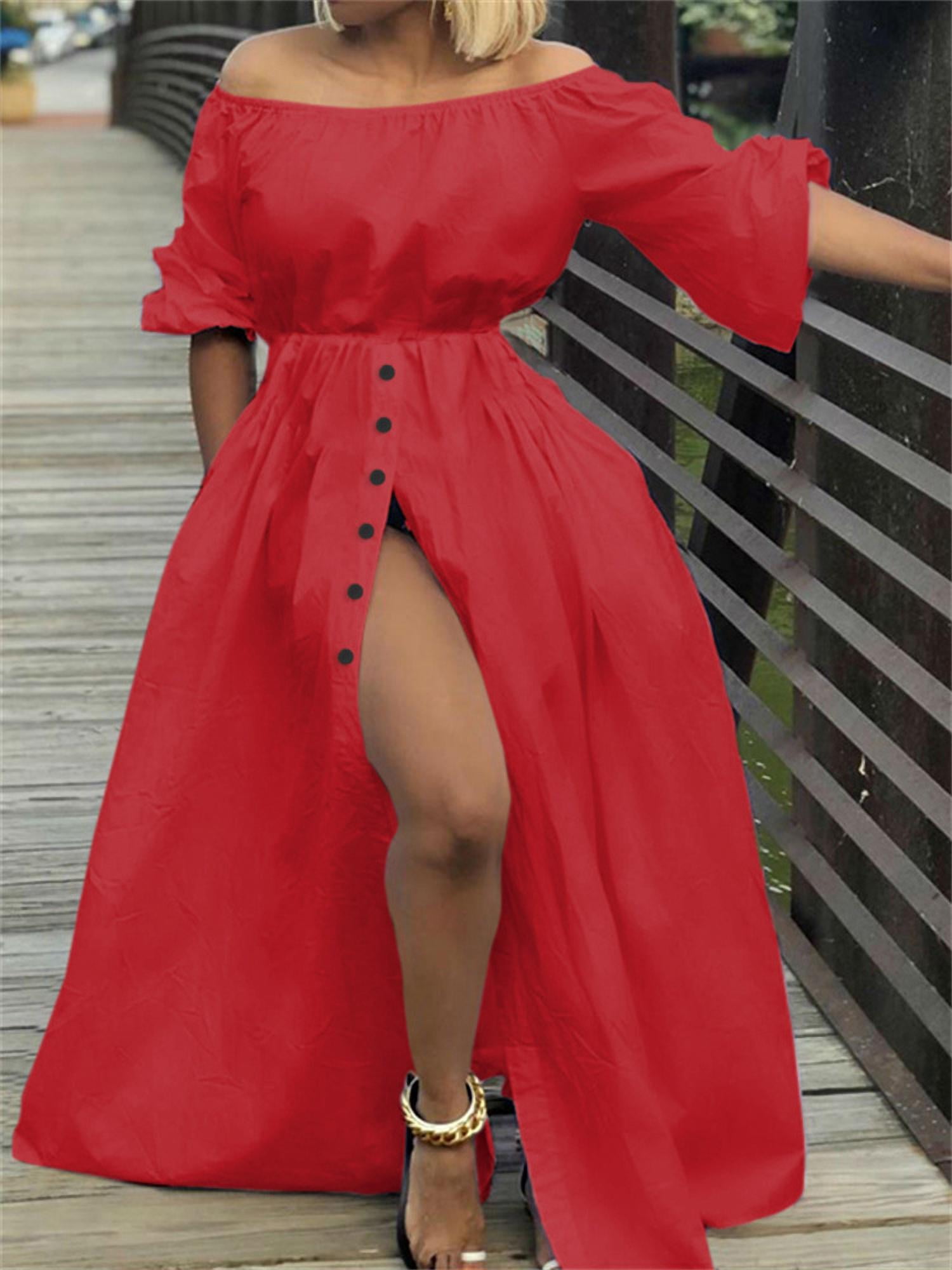 Celmia Women Vocation Off Shoulder Lantern Sleeves Buttons Open Split ...