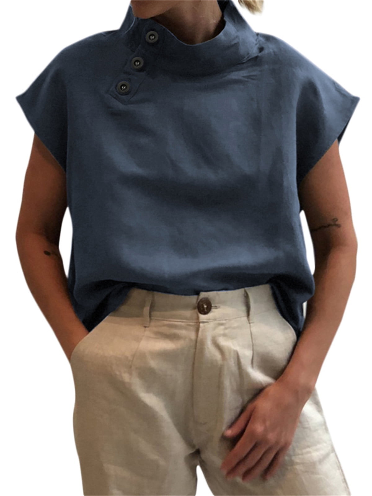 Celmia Women's Short Sleeve Stand Collar Button Vintage Basic Top ...