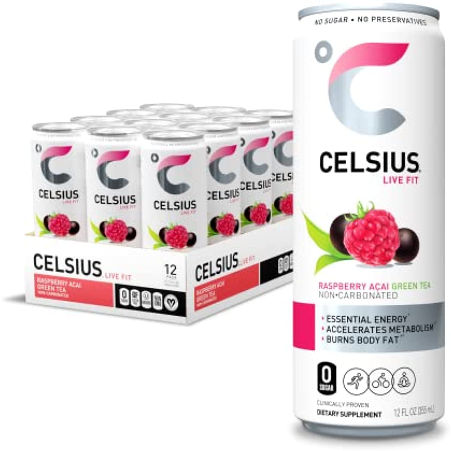 Celsius Essential Energy Drink, Raspberry Acai Green Tea, 12 Fl Oz ...