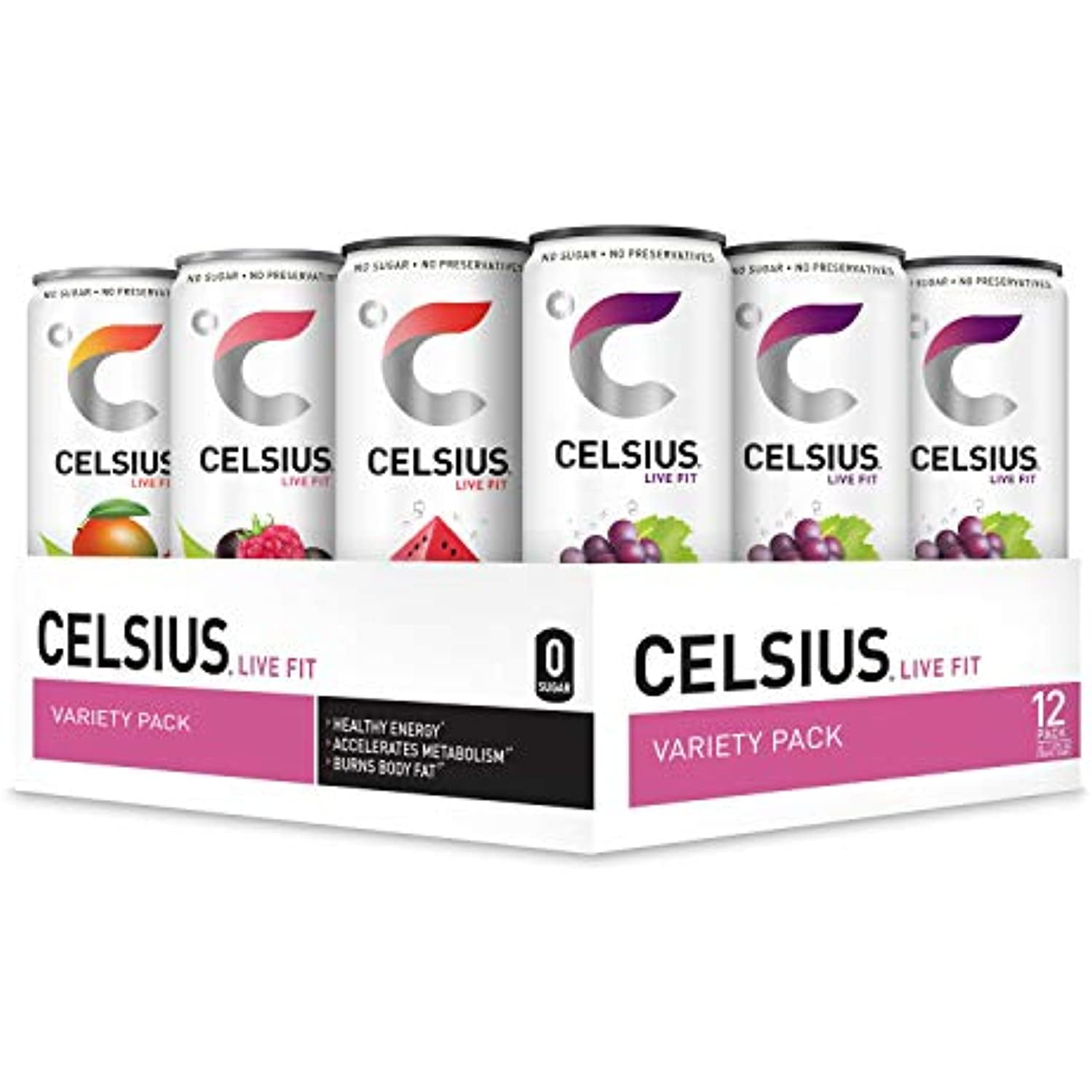 Celsius Fitness Drink 4-Flavor Variety Pack, Zero Sugar, 12Oz. Slim Can ...