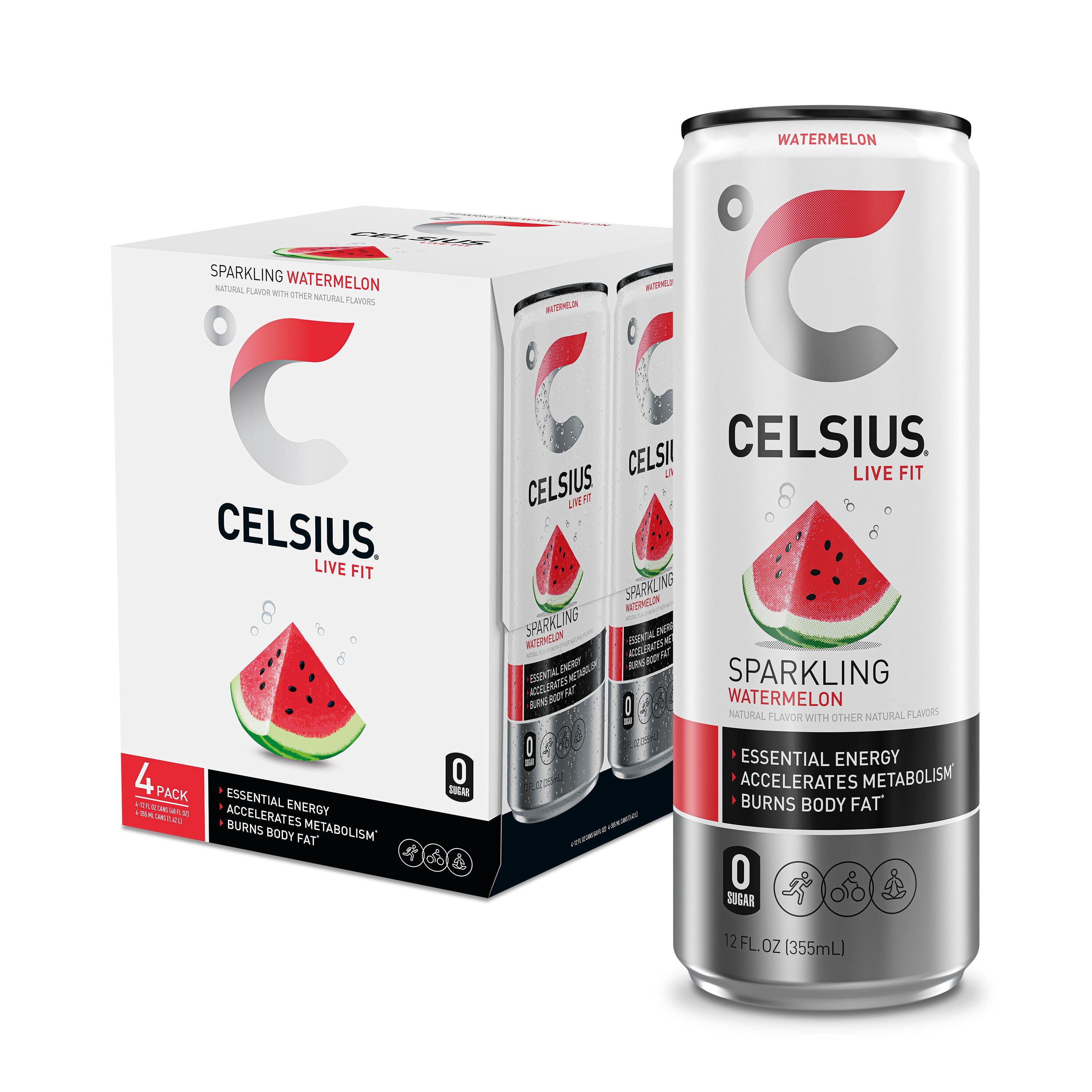 CELSIUS Sugar-Free Sparkling Watermelon Energy Drink, 12 fl oz Can (4 ...