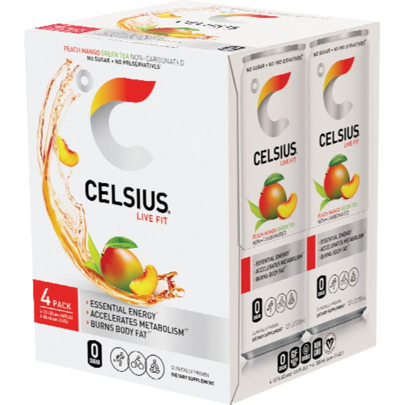 Celsius Peach Mango Green Tea Energy Drink 4 Pack 4 x 12 fl oz ...