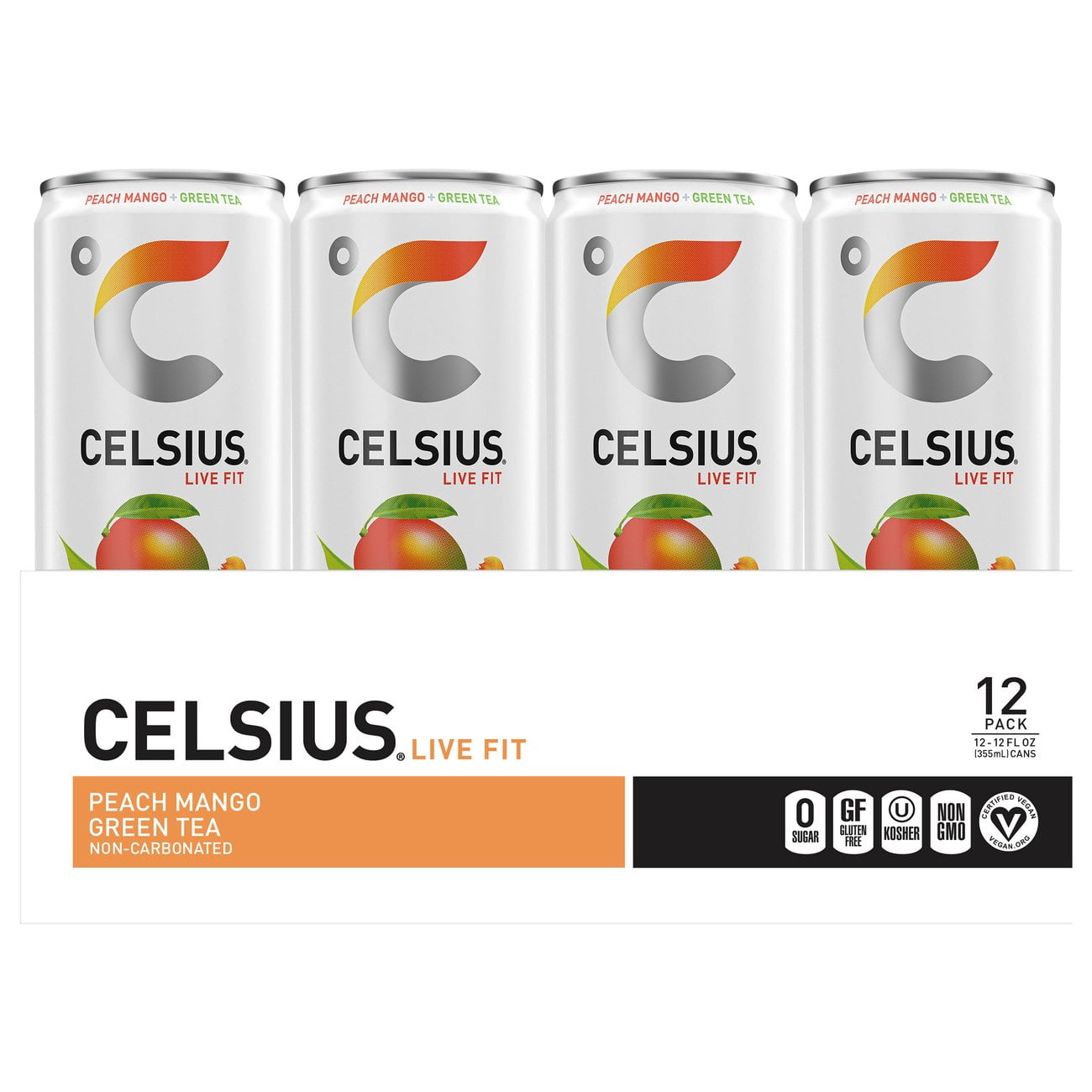 Celsius Zero Sugar Energy Drinks 12 pk Cans - Peach Mango Green Tea ...