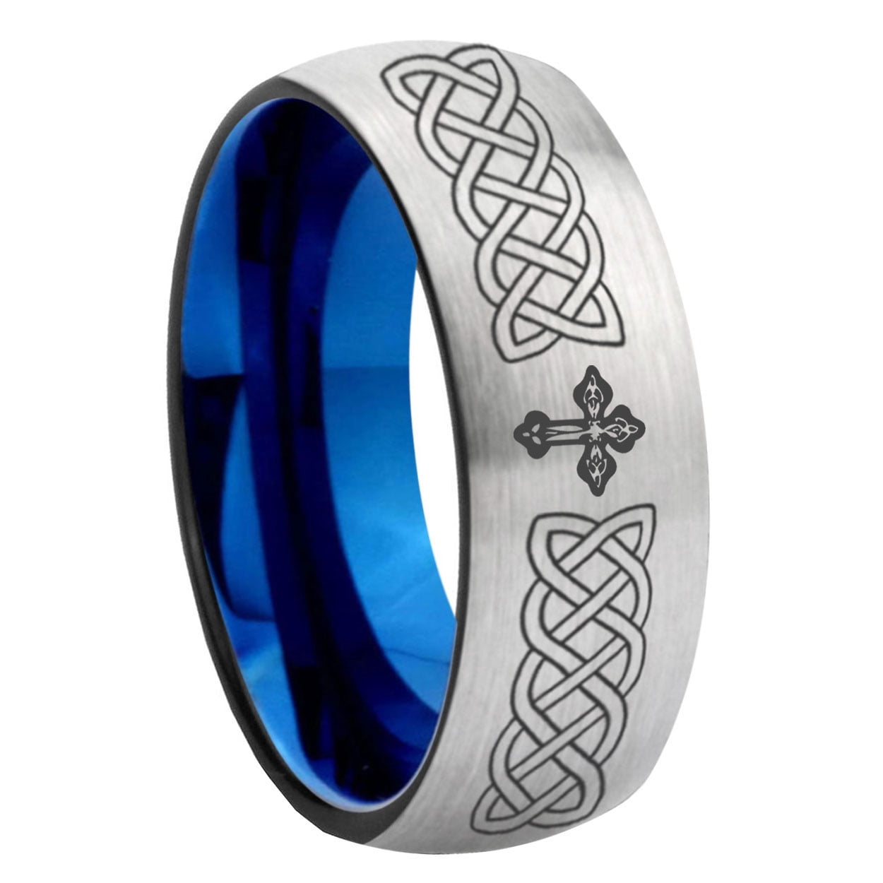 Celtic Cross 8MM Dome Gray and Blue Tungsten Men Ring - Walmart.com