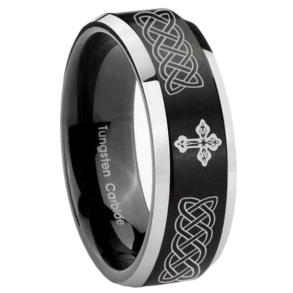 Celtic Cross Beveled Edge Brush Black 2 Tone Tungsten Men Ring 10MM ...