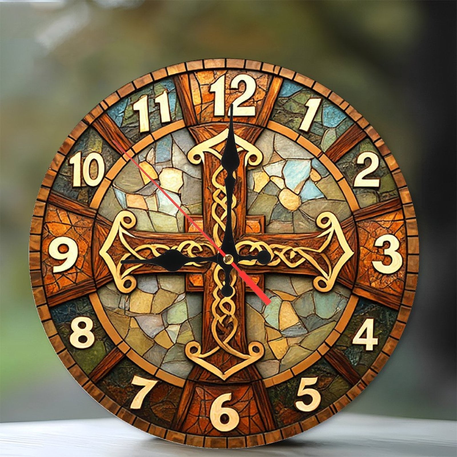 Celtic Cross Mosaic Wall Clock 10-Inch Silent Wooden Wall Clock ...