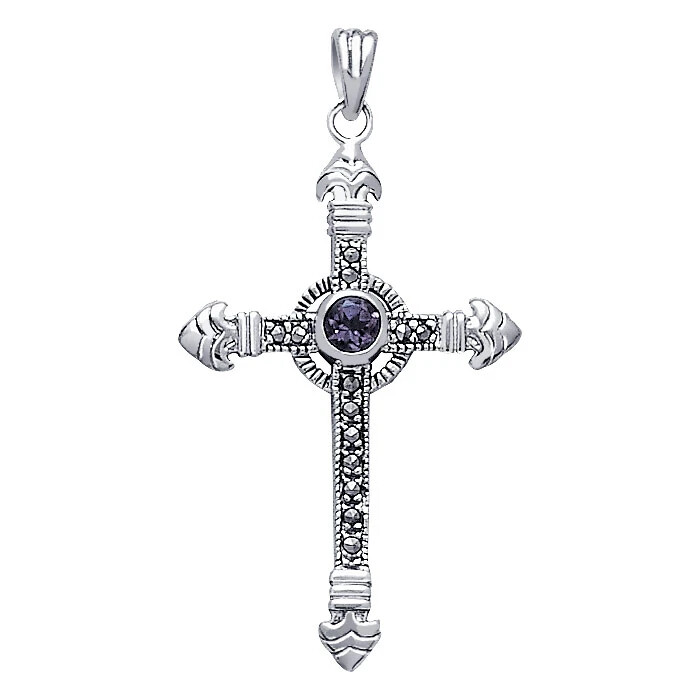Celtic Cross Pendant Marcasite Amethyst 925 Sterling Silver Religious ...