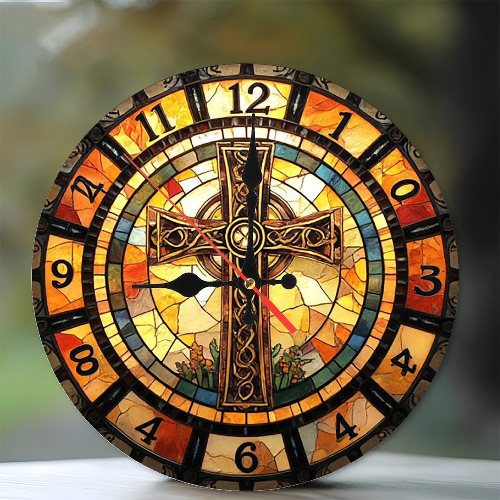 Celtic Cross Stained Glass Clock Wall Decor 10-Inch Silent Wooden Wall ...