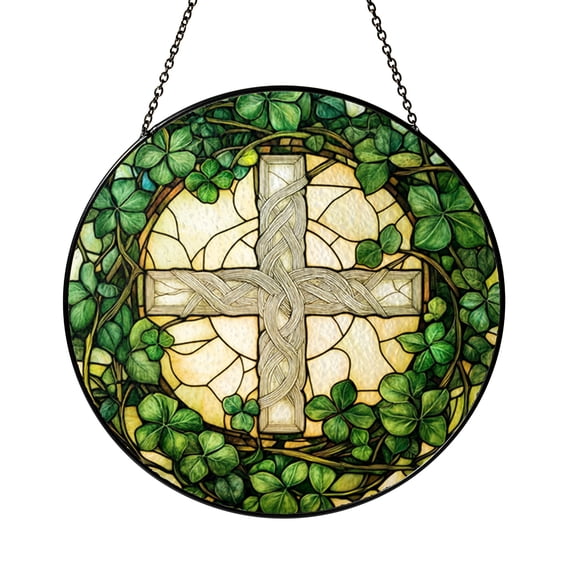 Celtic Cross Stained Glass Suncatcher Round Window Hanging Shamrock ...
