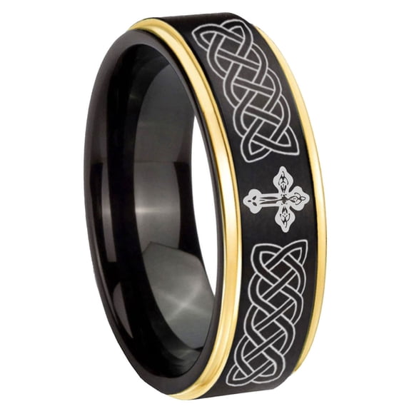 Celtic Cross Step Edge Black And Gold Tungsten Promised Ring 10MM ...