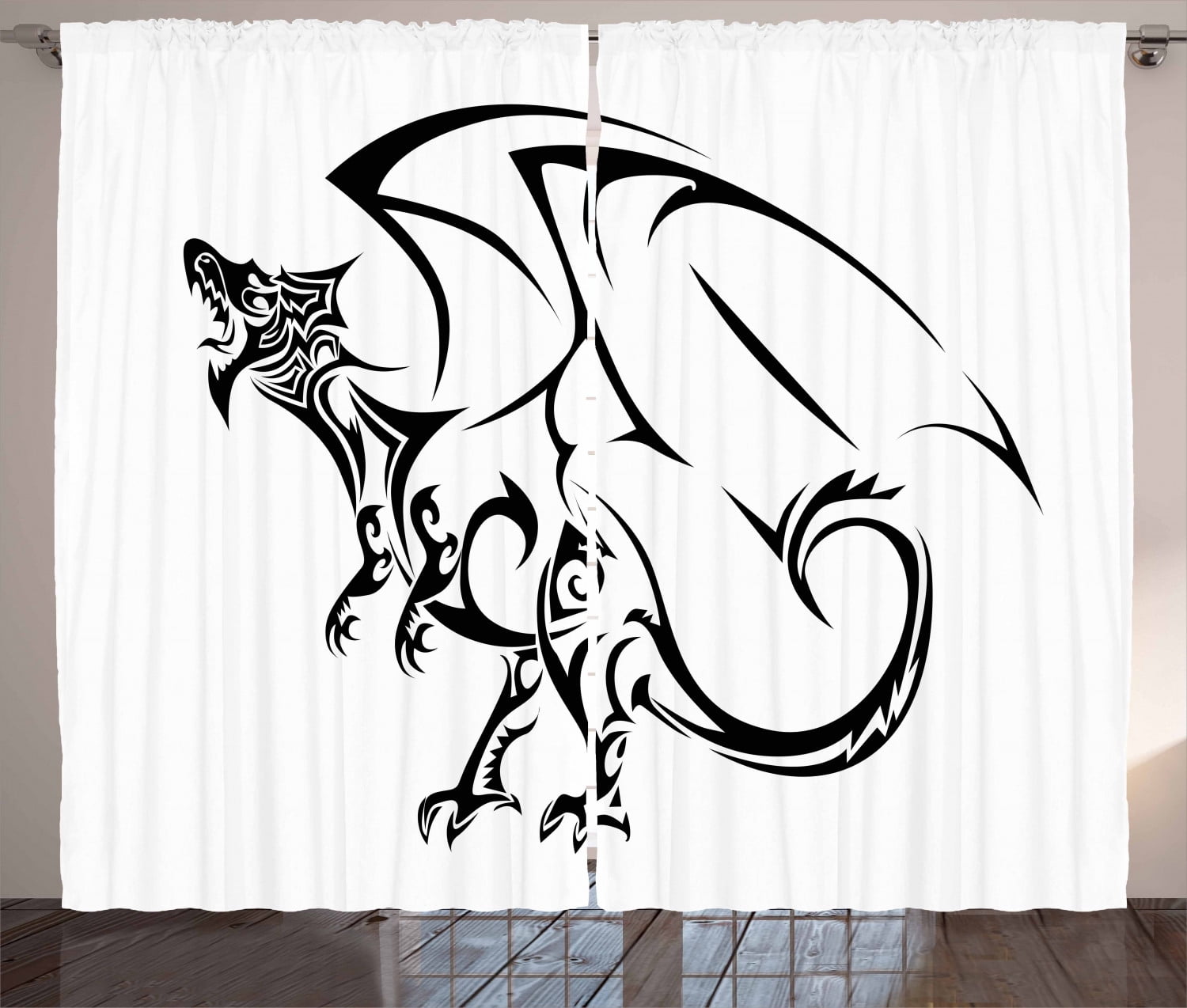 Ambesonne Celtic Curtains 2 Panel Set, Tribal Dragon Sketch, 108" x 63 ...