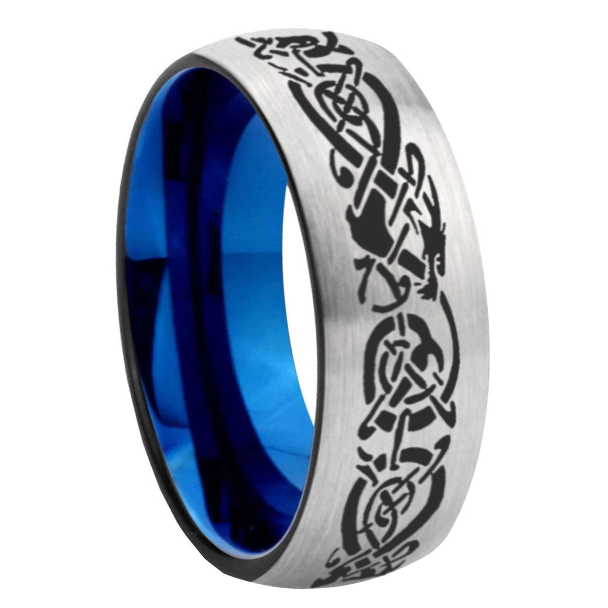 Celtic Dragon 8MM Dome Gray and Blue Tungsten Men Ring - Walmart.com