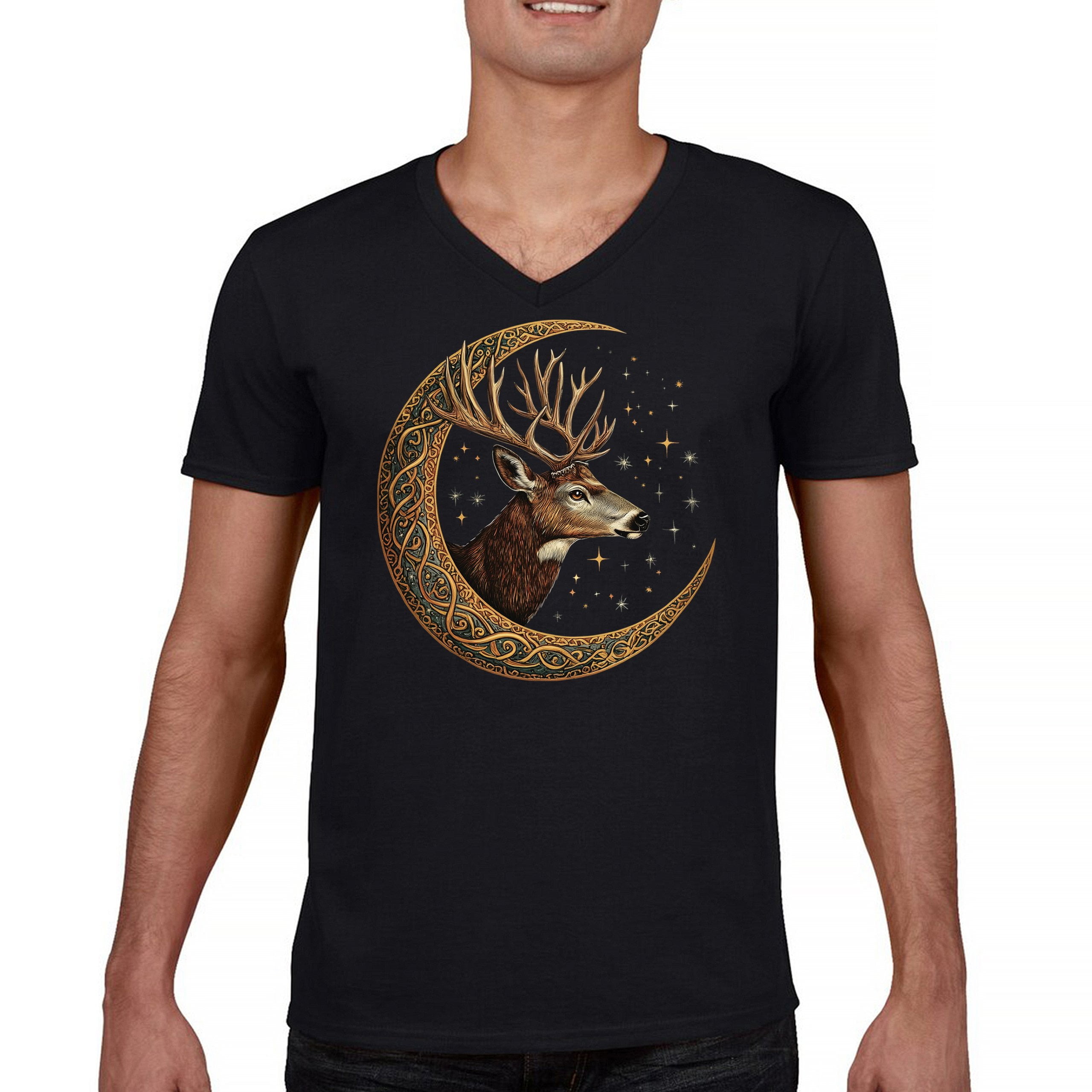 Celtic Moon Deer V-Neck T-shirt North Mystic Forest Animal Wildlife Nature Spiritual Nordic ...