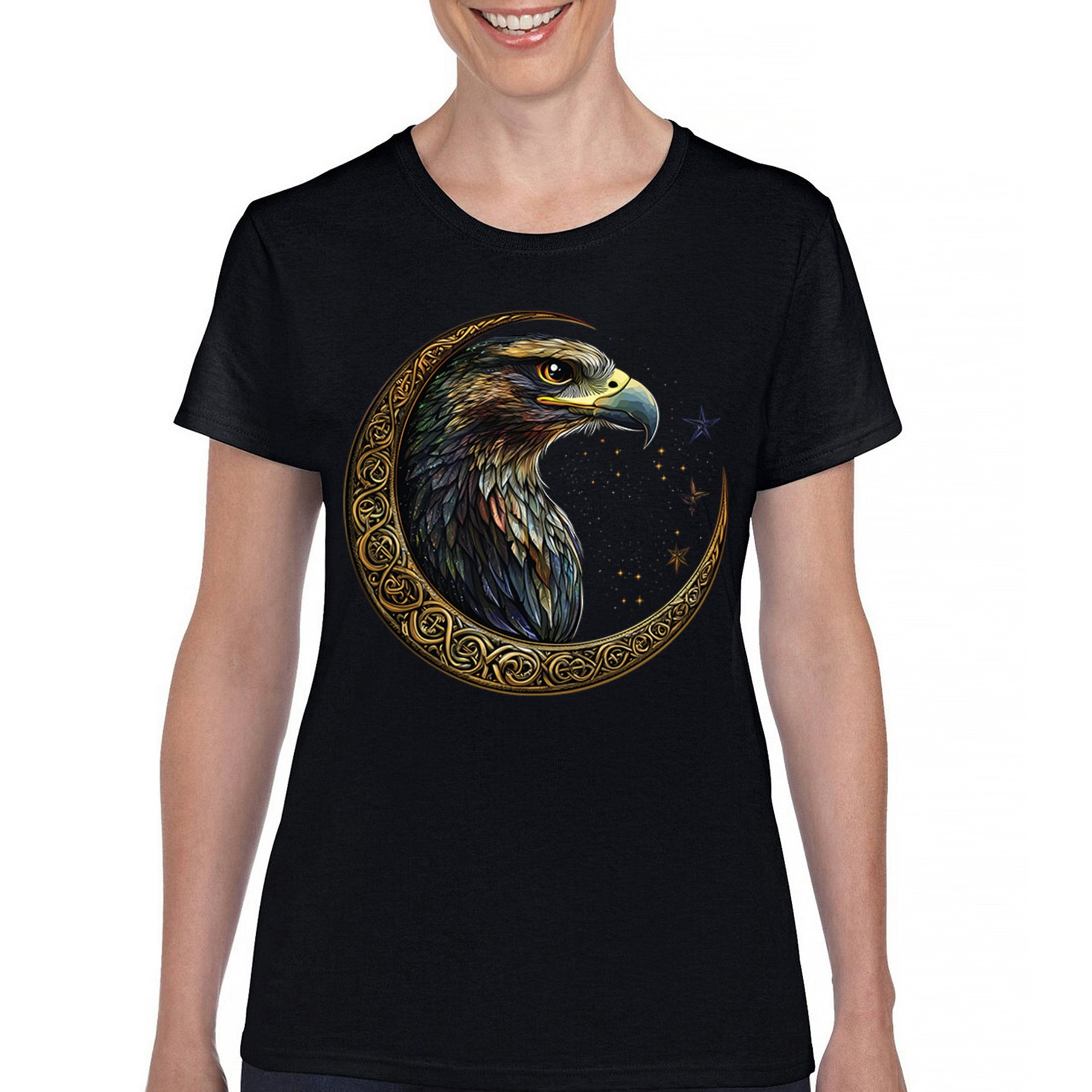 Celtic Moon Falcon T-Shirt North Mystical Bird of Prey Spiritual Eagle ...