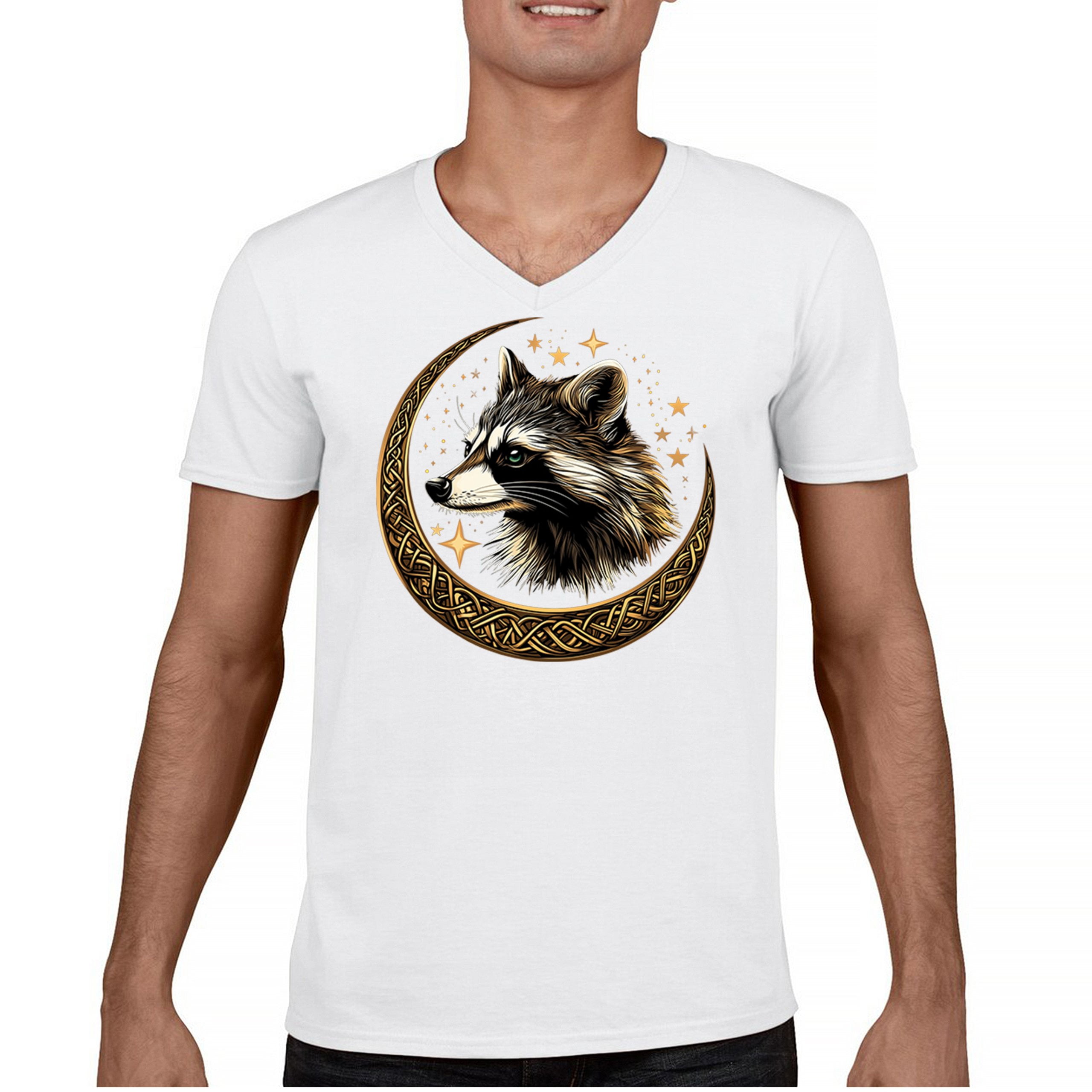 Celtic Moon Raccoon V-Neck T-shirt Mystical Forest Bandit Spiritual ...