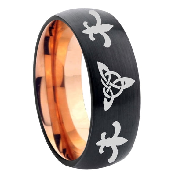 Celtic Triangle Fleur De Lis 8MM Dome Black And Rose Gold Tungsten Men ...