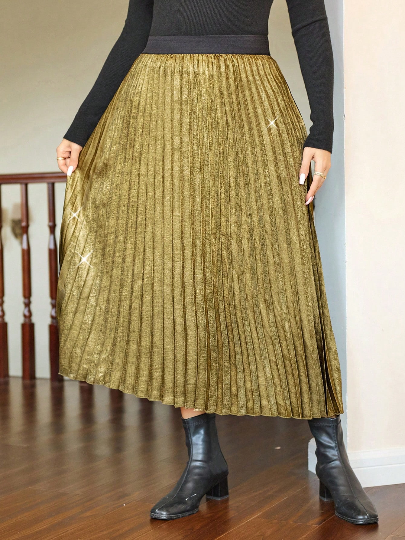 Celure Plus Size Basic Solid Color Pleated Skirt, Suitable For Spring ...