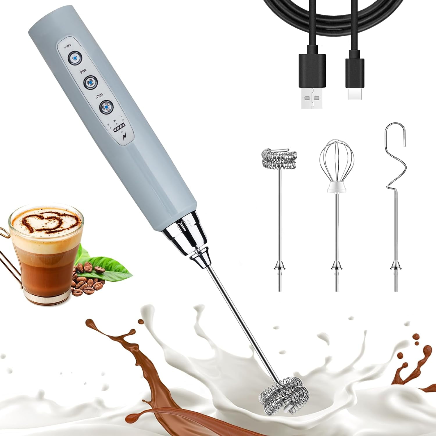 Cement Gray Milk Frother Wand for Coffee, Frother Handheld Whisk with 3 ...