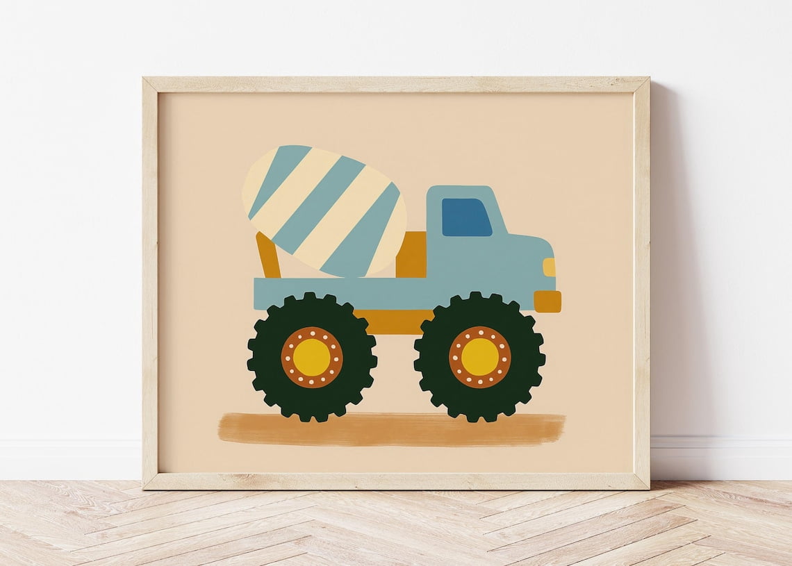 Cement Mixer Monster Truck Poster: Blue Construction Nursery Art ...