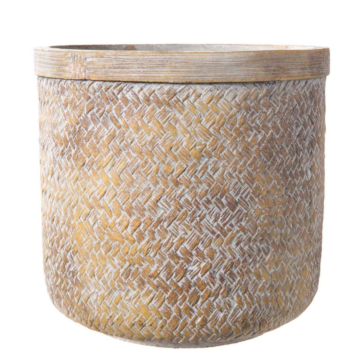 Cement Round Pot with Banded Lip and Basket Weaved Design Body LG ...