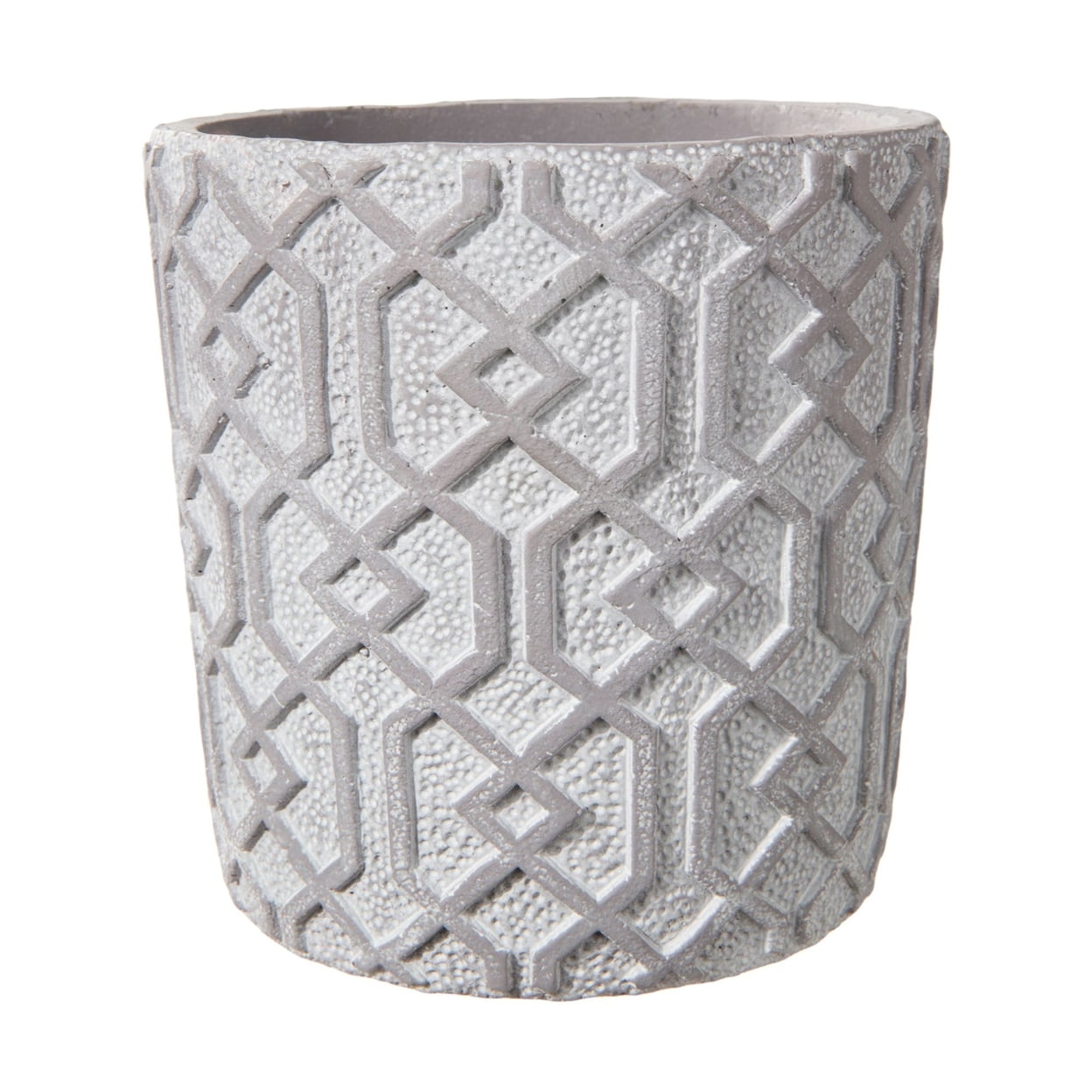 Cement Round Pot with Embossed Interlocking Shapes and Freckled Holes ...