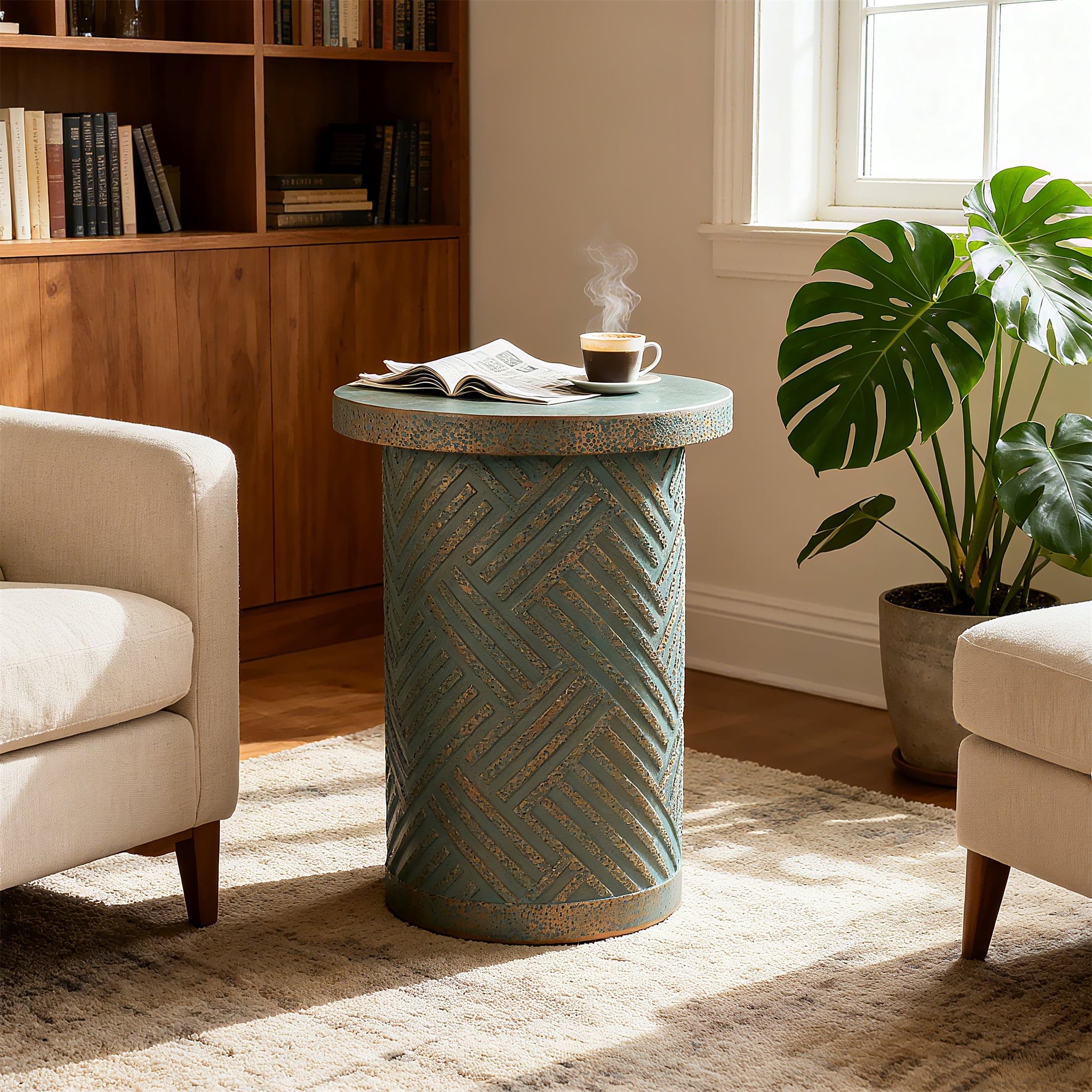 Cement Side Table, Modern Small Round Accent End Table for Patio Garden ...