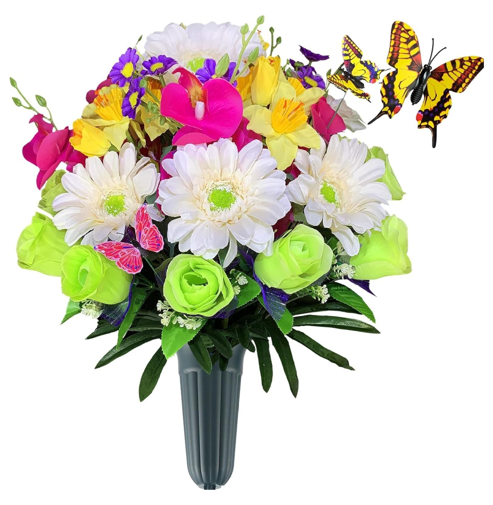 Cemetery Flower with Vase for Grave, Artificial Headstone Flower - Rose ...