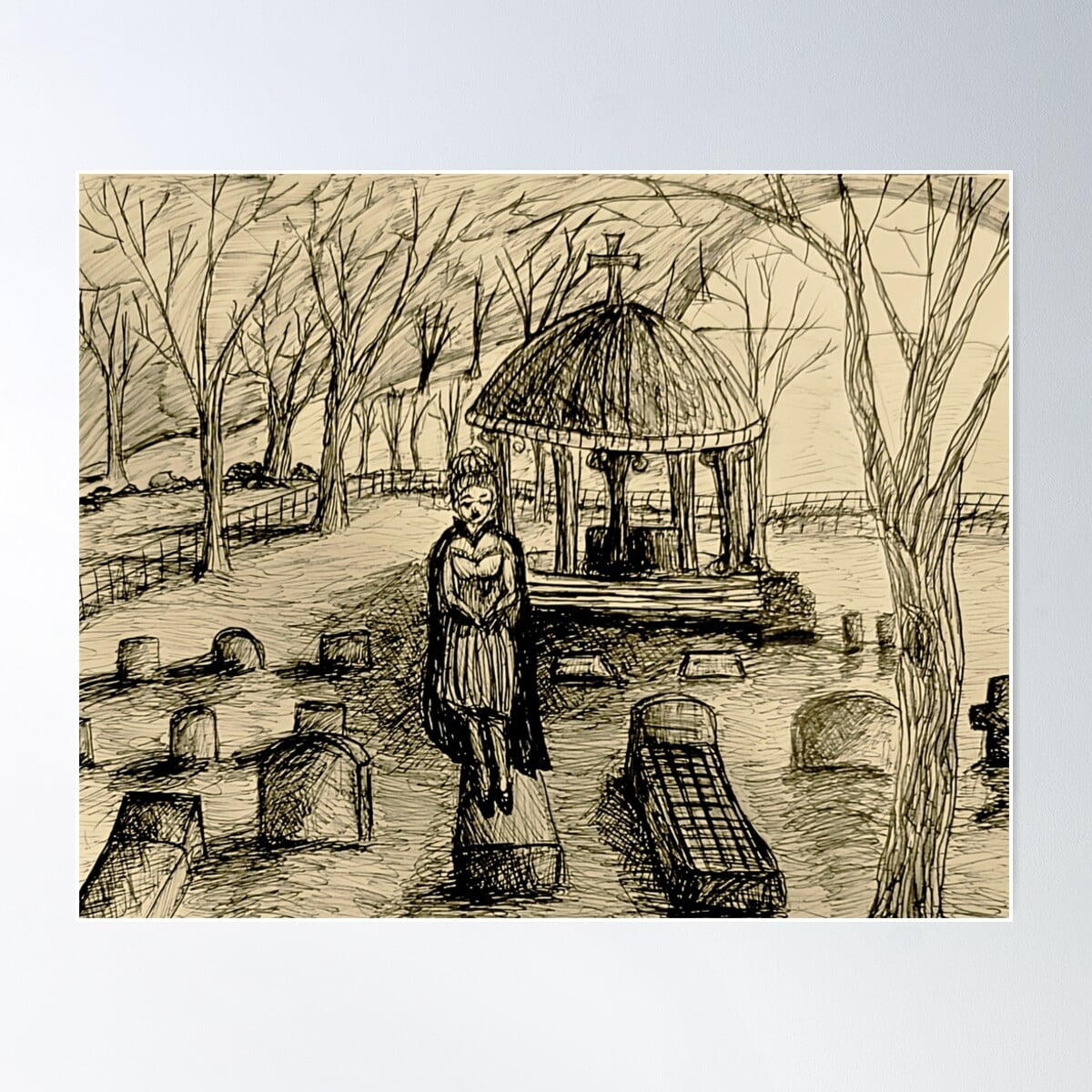 Cemetery Girl Drawing Poster Wall Art, Modern Wall Decor For Living ...