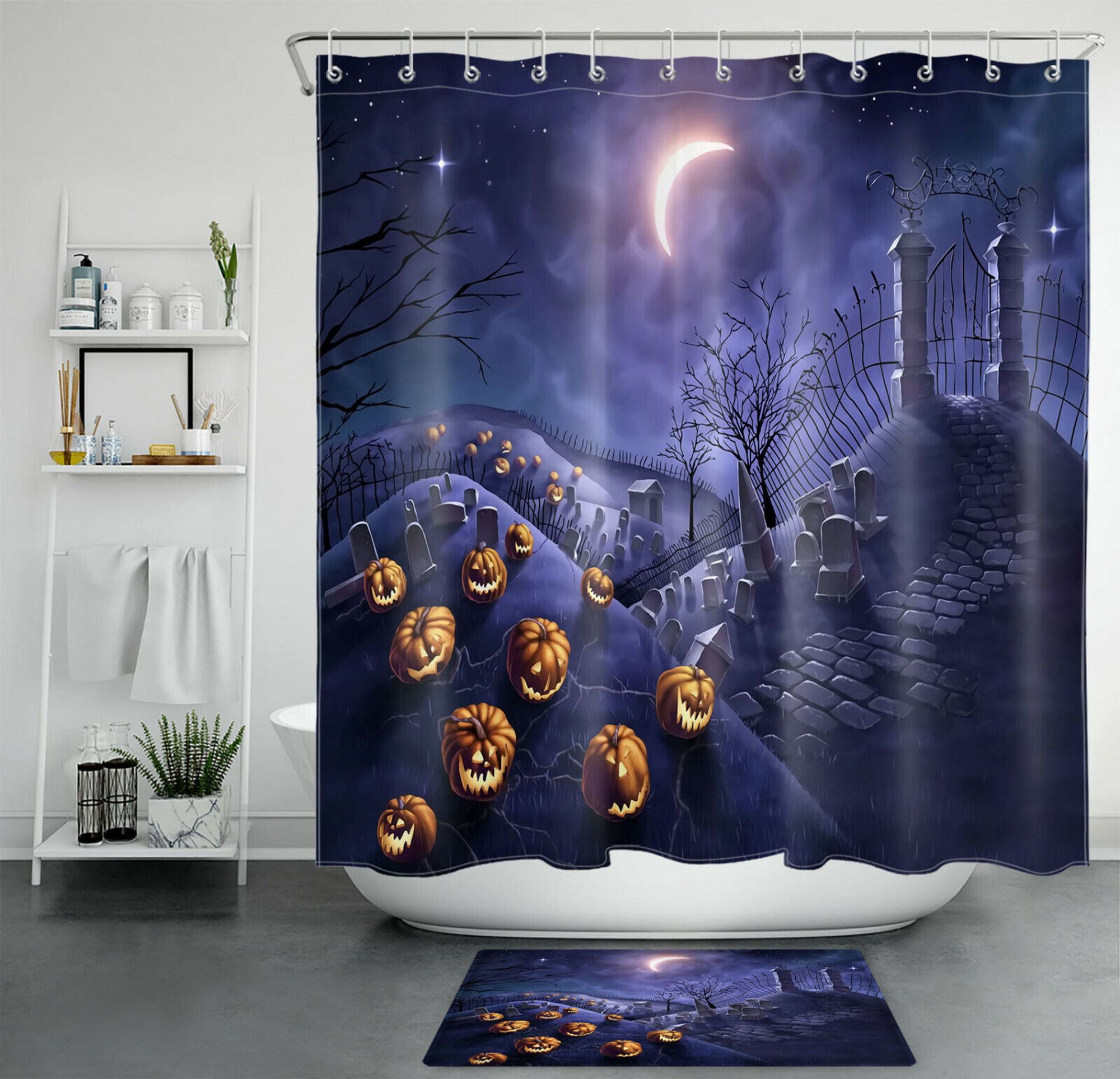Cemetery Pumpkin Shower Curtain Halloween Night Moon Stars For Bathroom ...