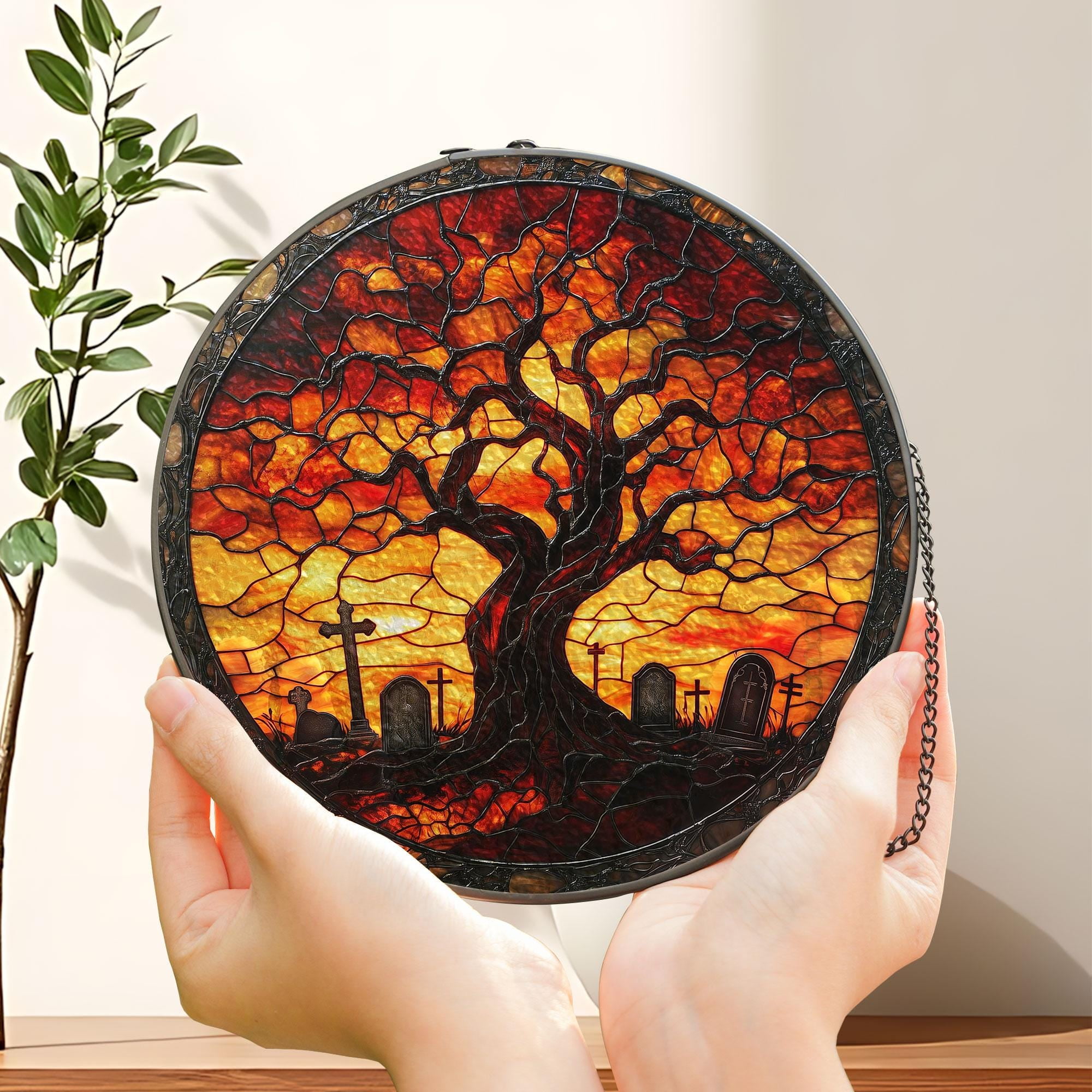Cemetery Stained Glass Suncatcher, Halloween Stained Glass Graveyard ...