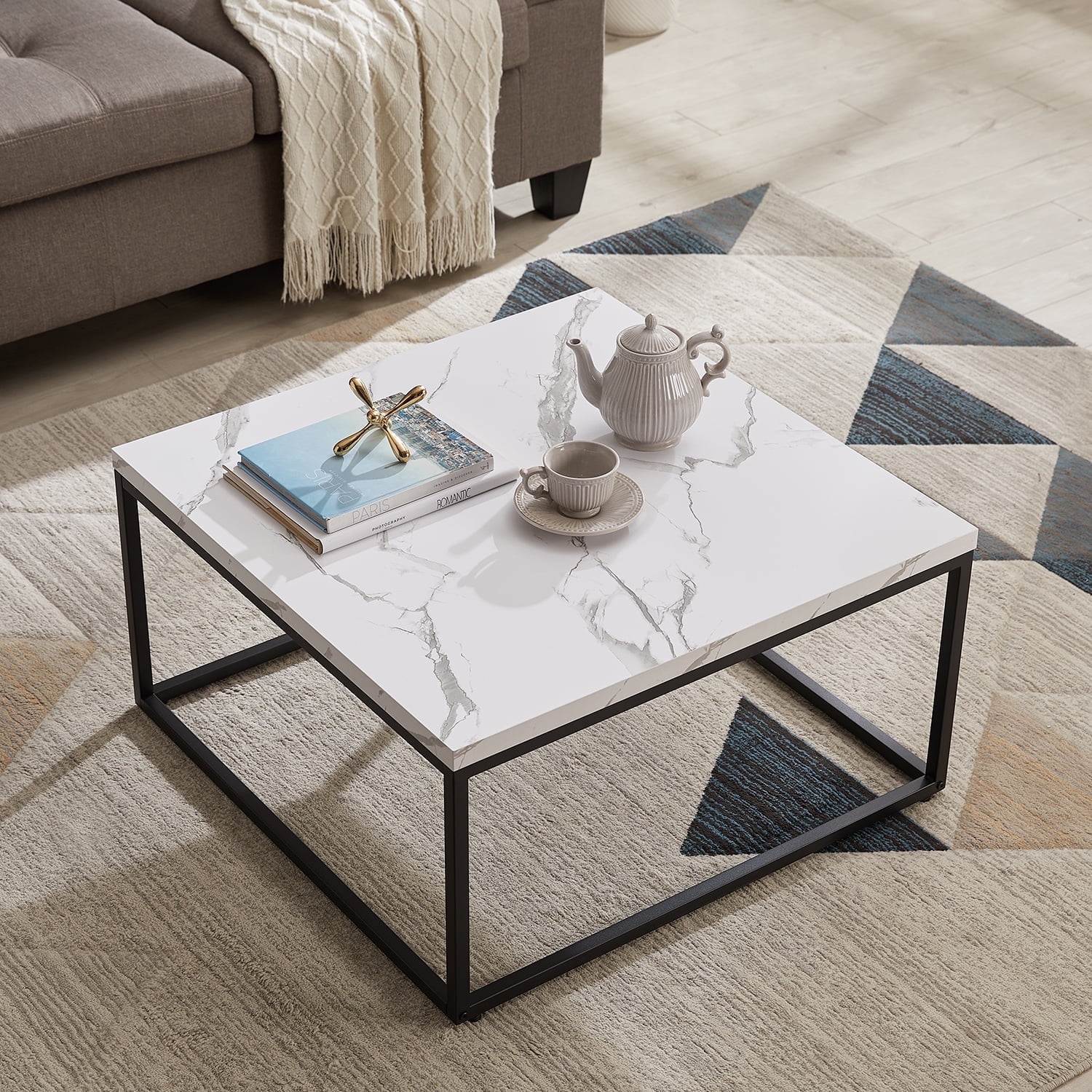 Censi 30" Square Coffee table for Living Room, White Marble Finish ...