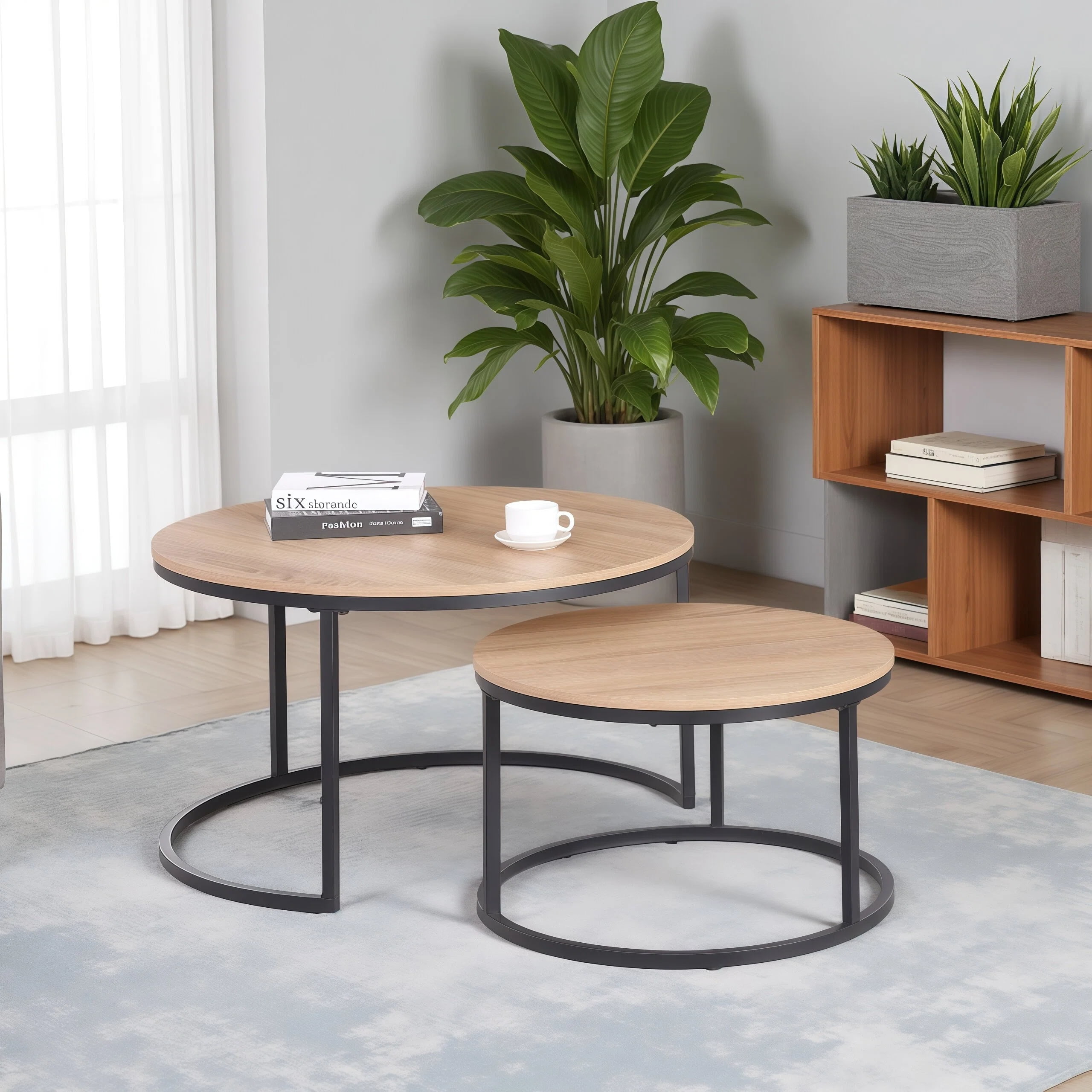 CENSI Round Nesting Coffee Table Set of 2, 31.5" Natural Oak Wood ...