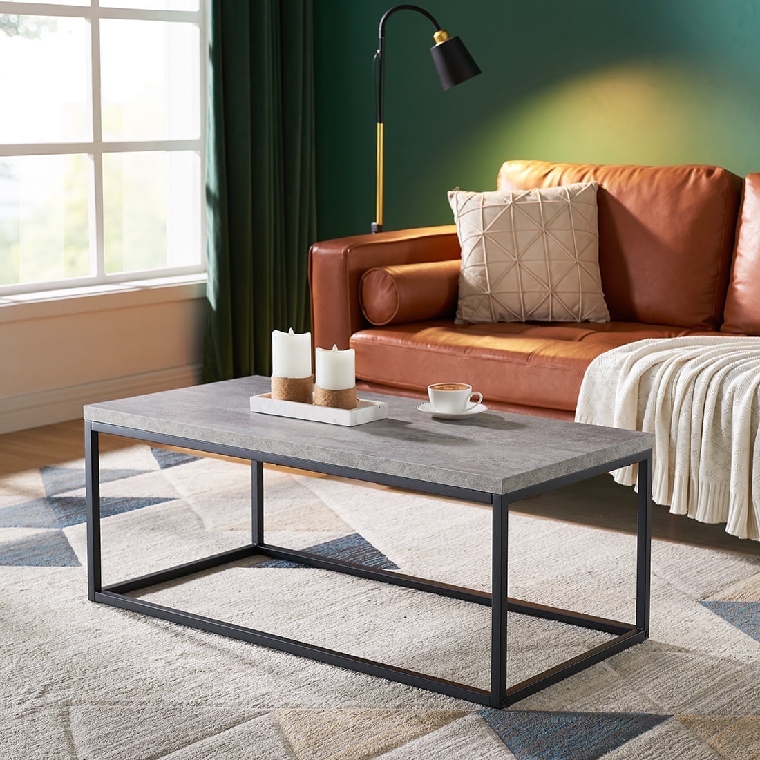 Censi 40" Cement Metal Top Coffee Table, Grey Marble, Rectangle ...