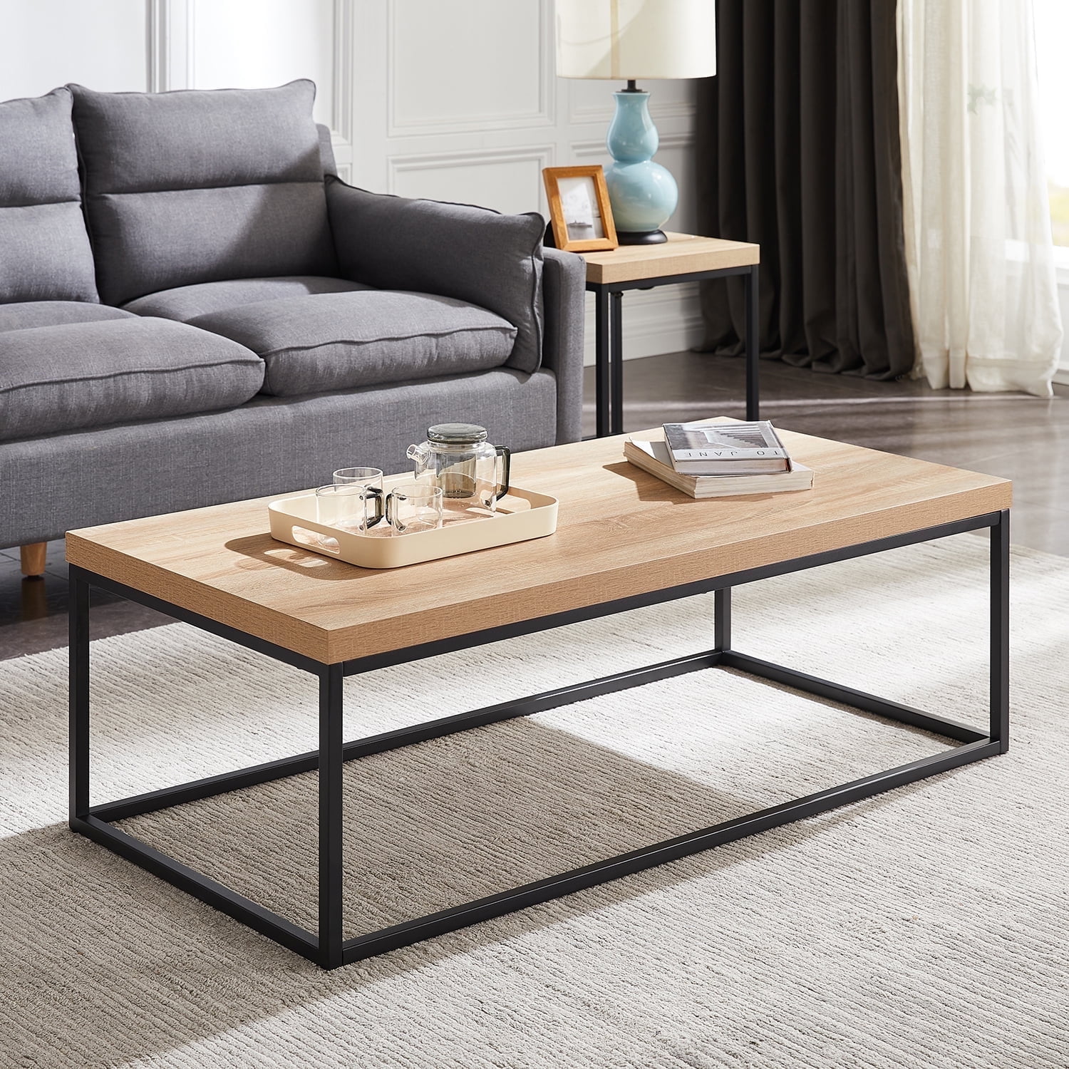 Censi 47 Large Coffee table for Living Room Light Wood Natural Oak Finish Rectangle Modern Industrial Wood and Metal