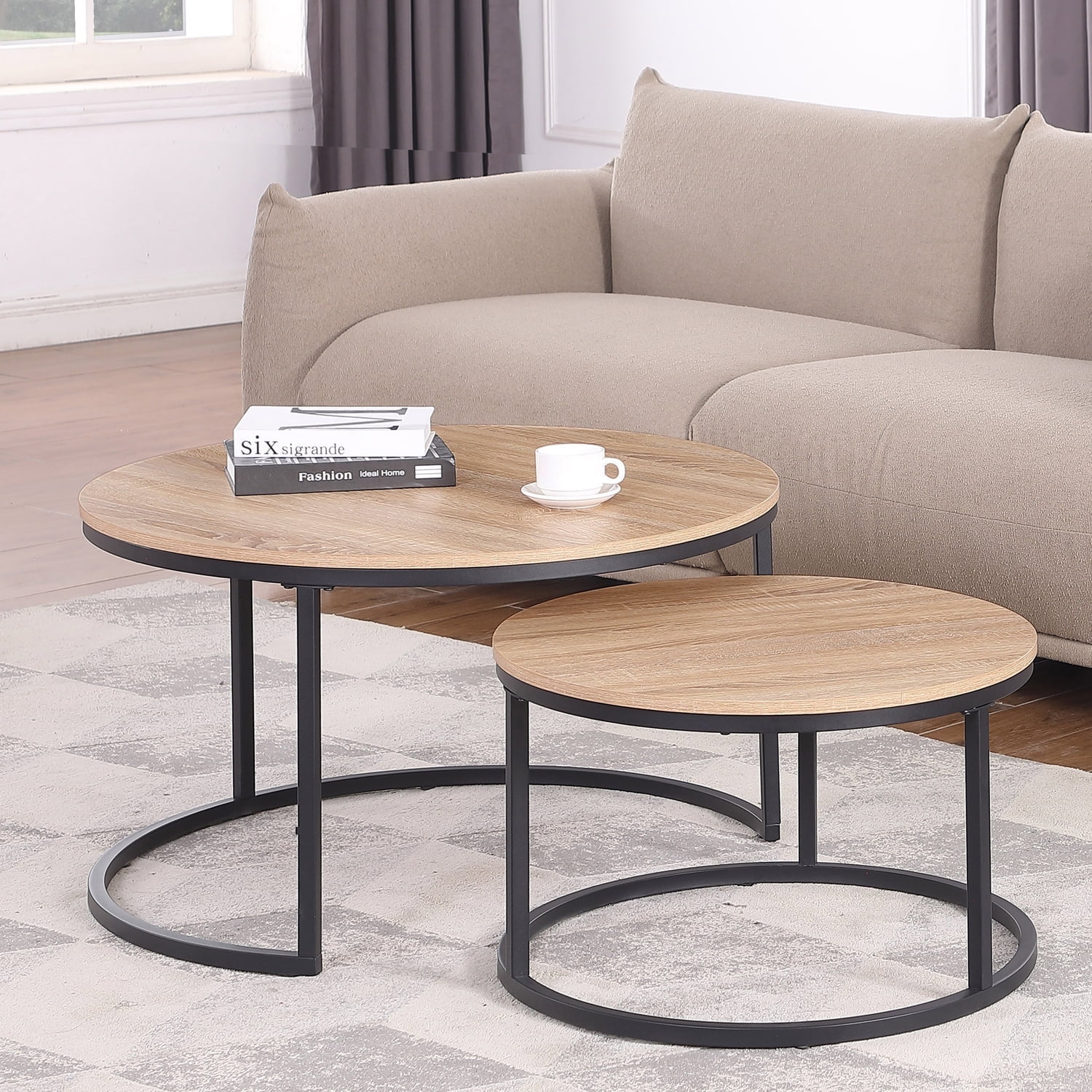 Censi Natural Oak Round Nesting Coffee Table for Living Room, 31.5 Inch ...